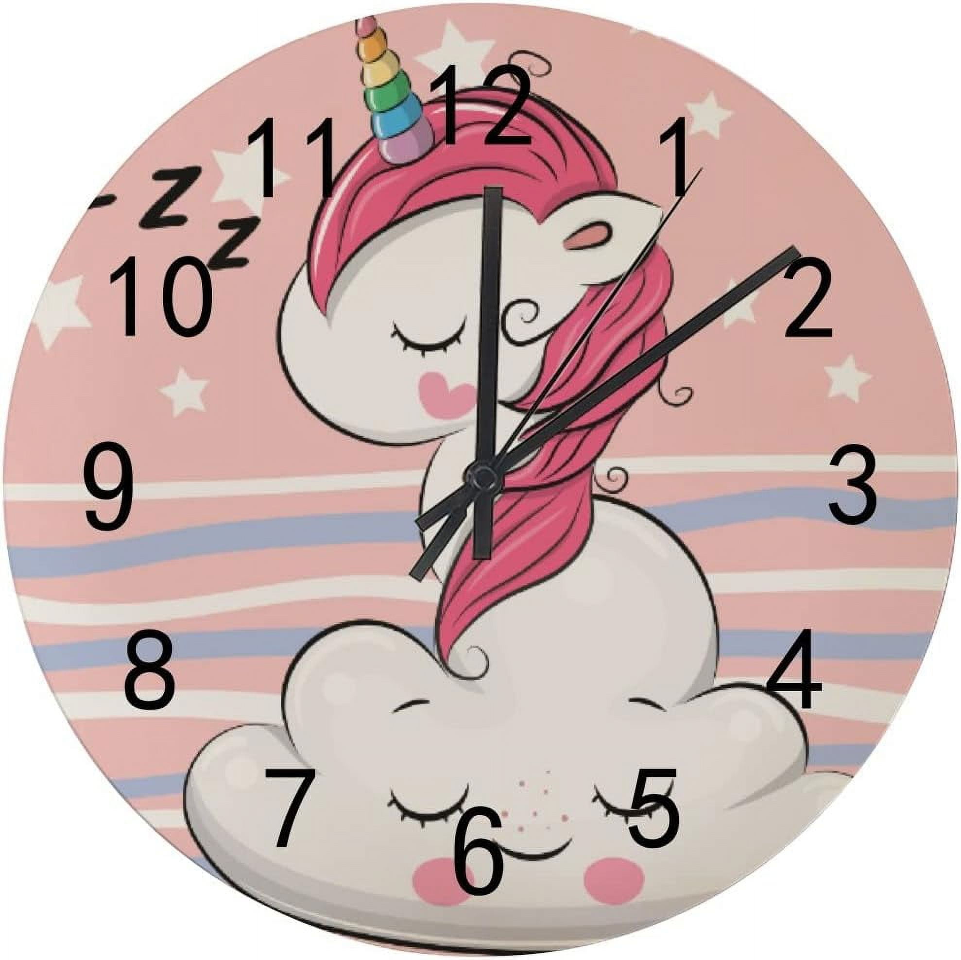 SKYSONIC Wooden Round Wall Clock Unicorn is Sleeping with Cloud Non Ticking Battery Operated ...