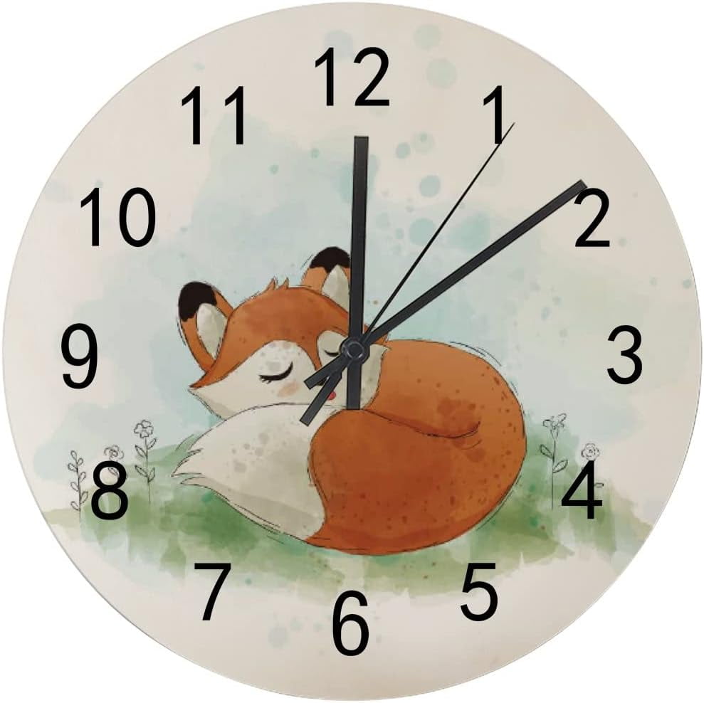 SKYSONIC Wooden Round Wall Clock Watercolor Animal Sleeping Non Ticking ...