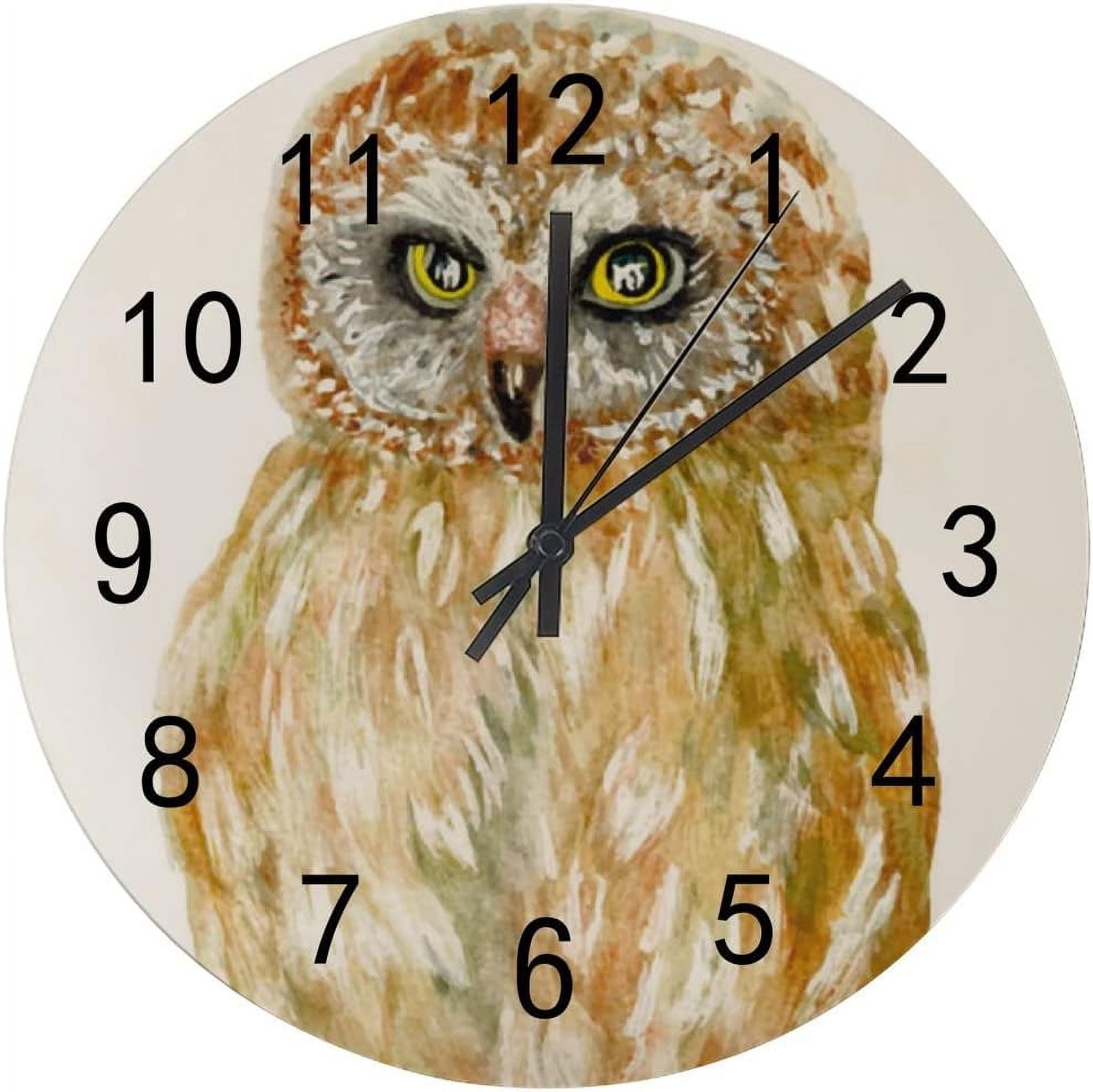 SKYSONIC Wooden Round Wall Clock Watercolor Cartoon Owl Non Ticking ...