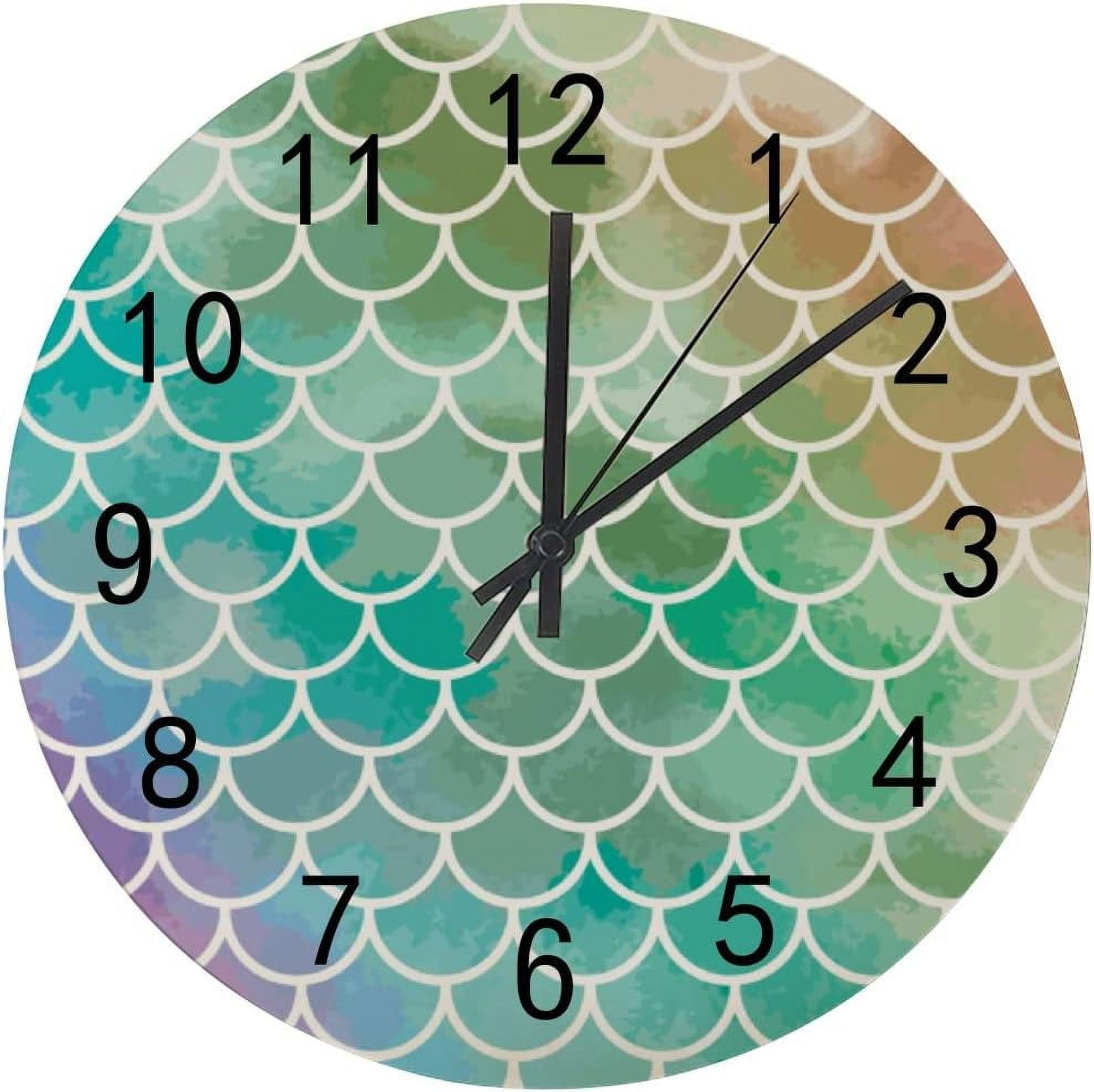 SKYSONIC Wooden Round Wall Clock Watercolor Fish Mermaid Scales Non ...