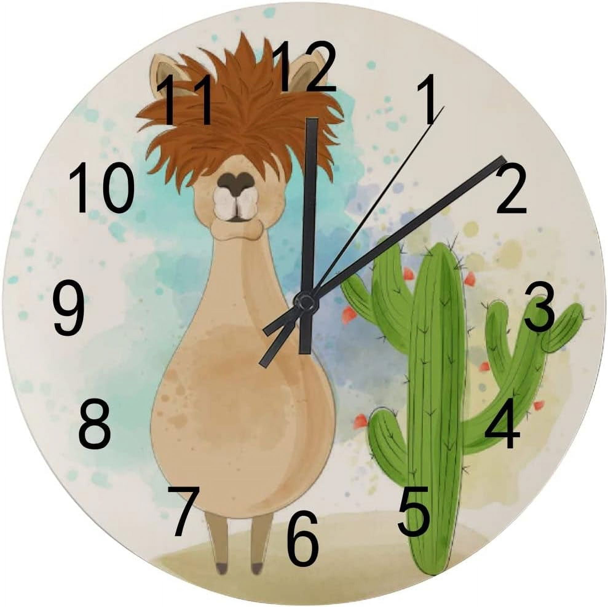 SKYSONIC Wooden Round Wall Clock Watercolor Funny Llama with Cactus Non ...
