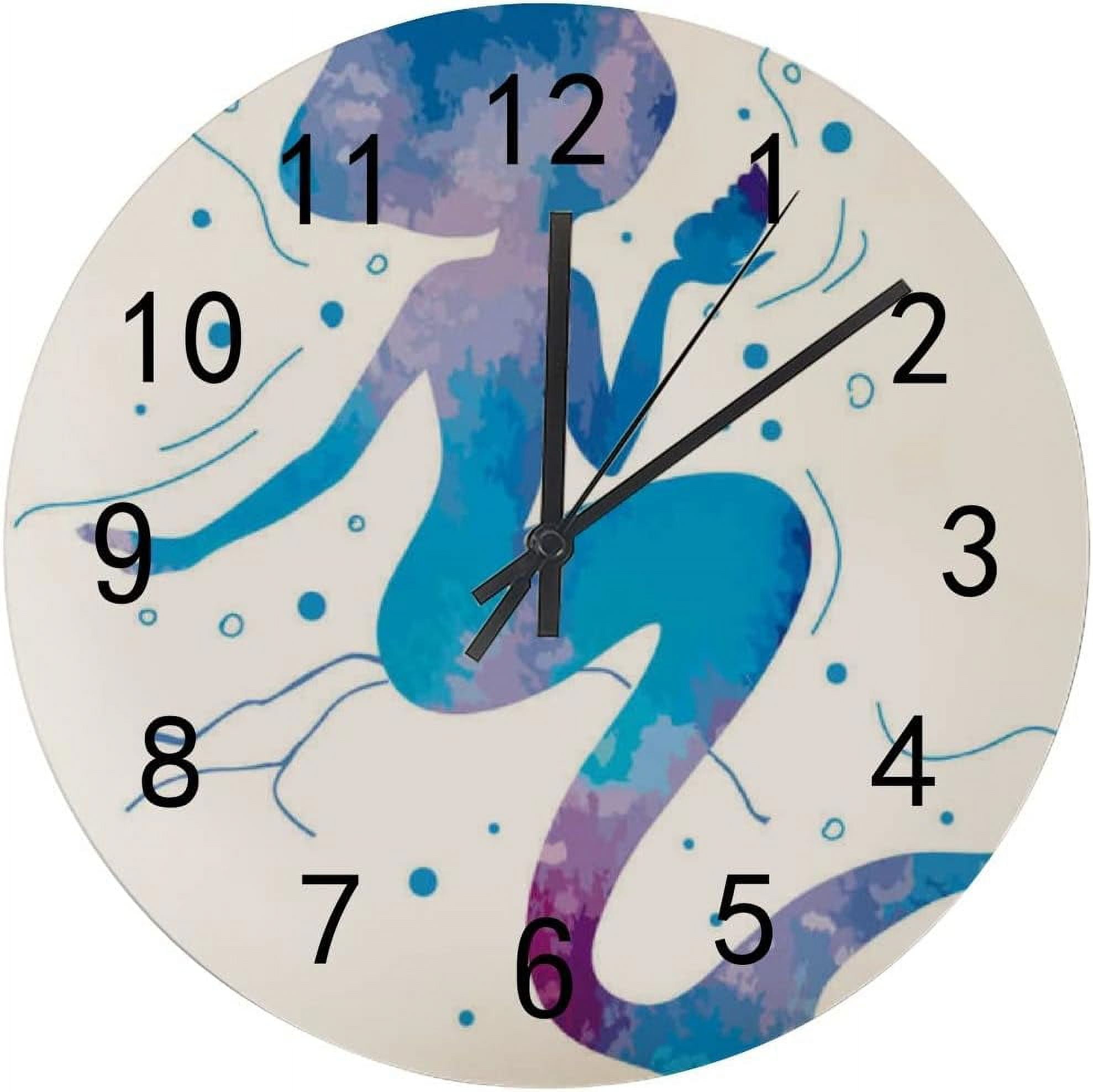SKYSONIC Wooden Round Wall Clock Watercolor Mermaid Non Ticking Battery ...