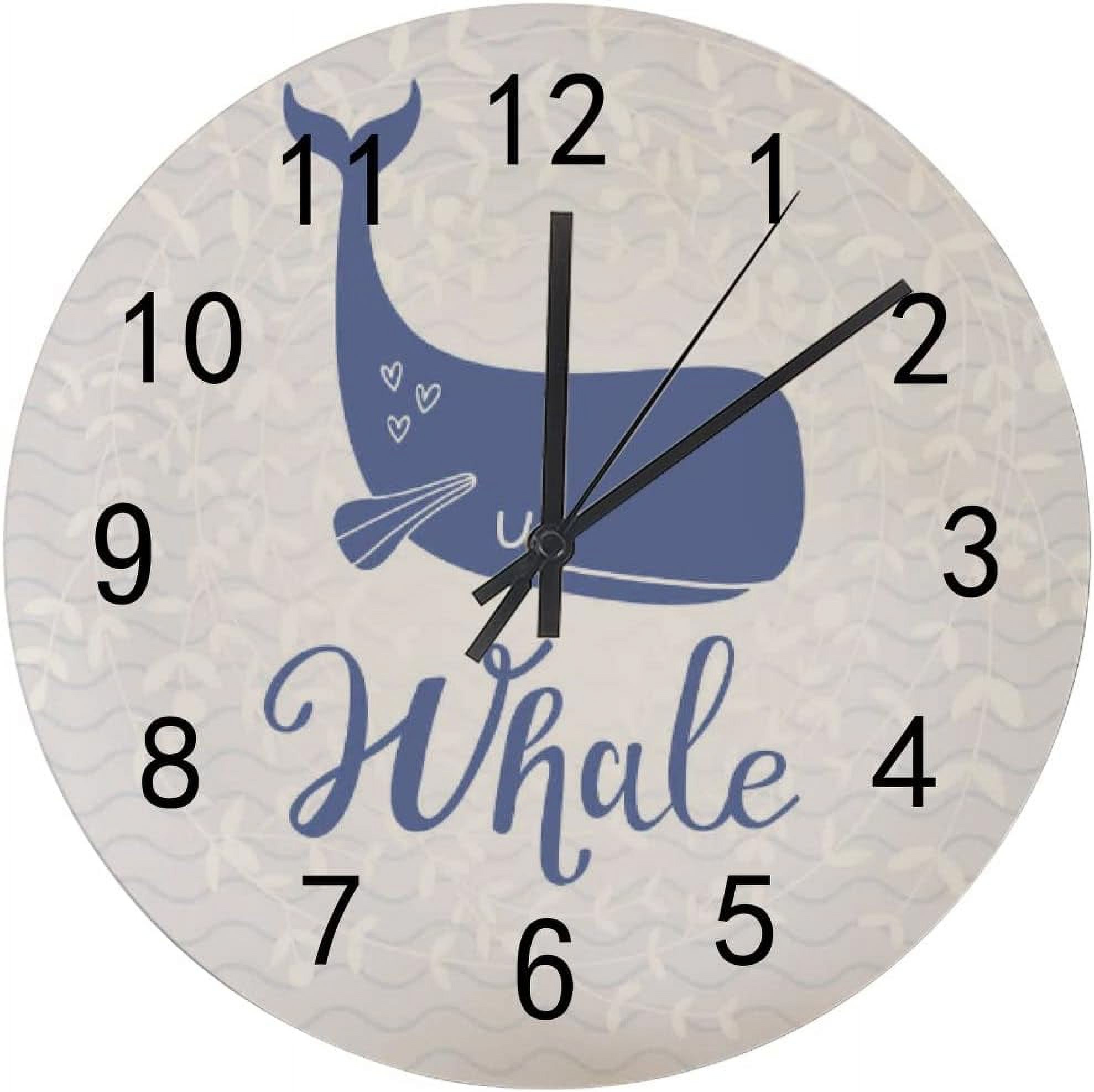SKYSONIC Wooden Round Wall Clock Whale on Leaves Circles Non Ticking ...