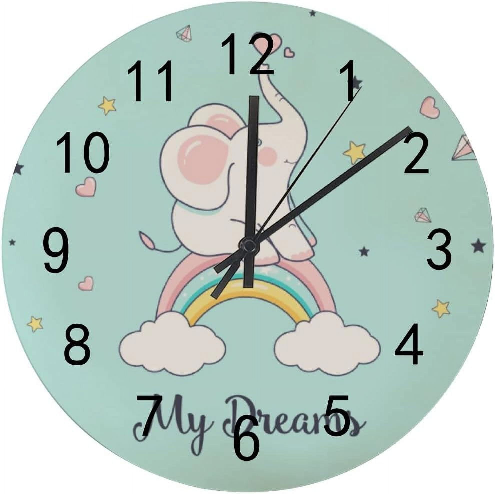 SKYSONIC Wooden Round Wall Clock White Cute Elephant with Rainbow Non ...