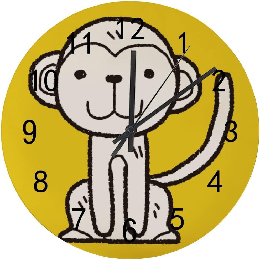 SKYSONIC Wooden Round Wall Clock White Monkey Non Ticking Battery ...