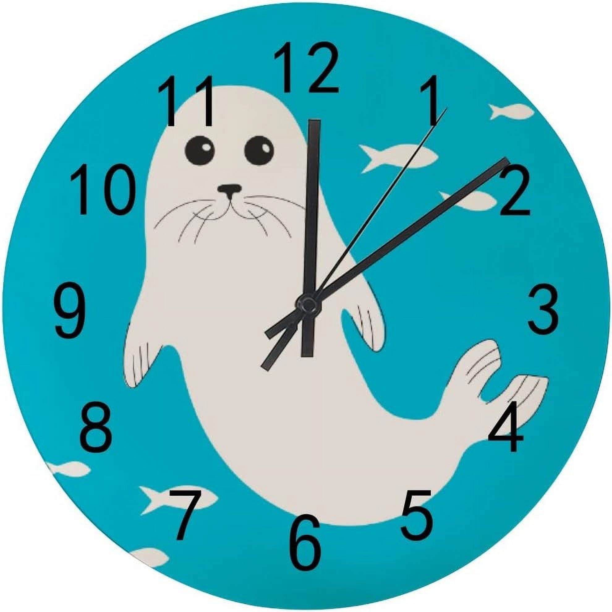 SKYSONIC Wooden Round Wall Clock White Seal with Fish in The Ocean Non ...