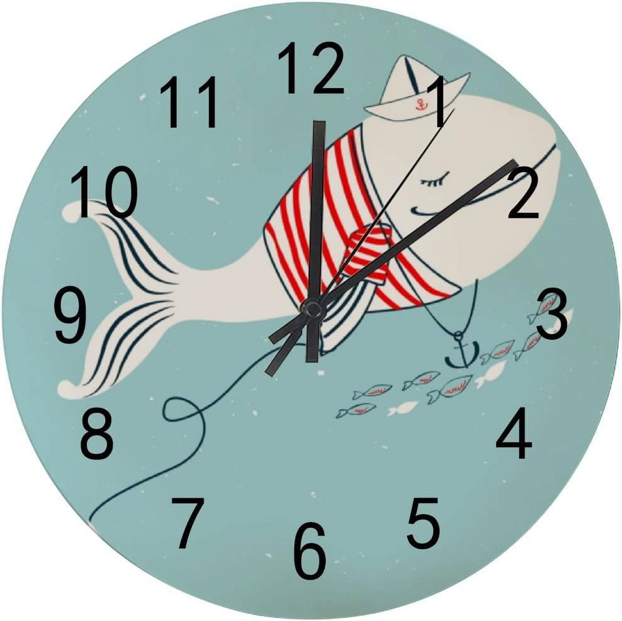 SKYSONIC Wooden Round Wall Clock White Whale in Shirt Non Ticking ...