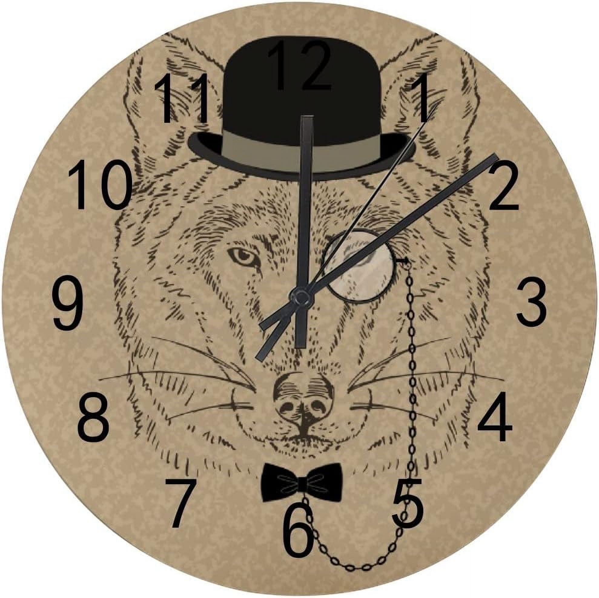 SKYSONIC Wooden Round Wall Clock Wolf Portrait in Retro Style Non ...