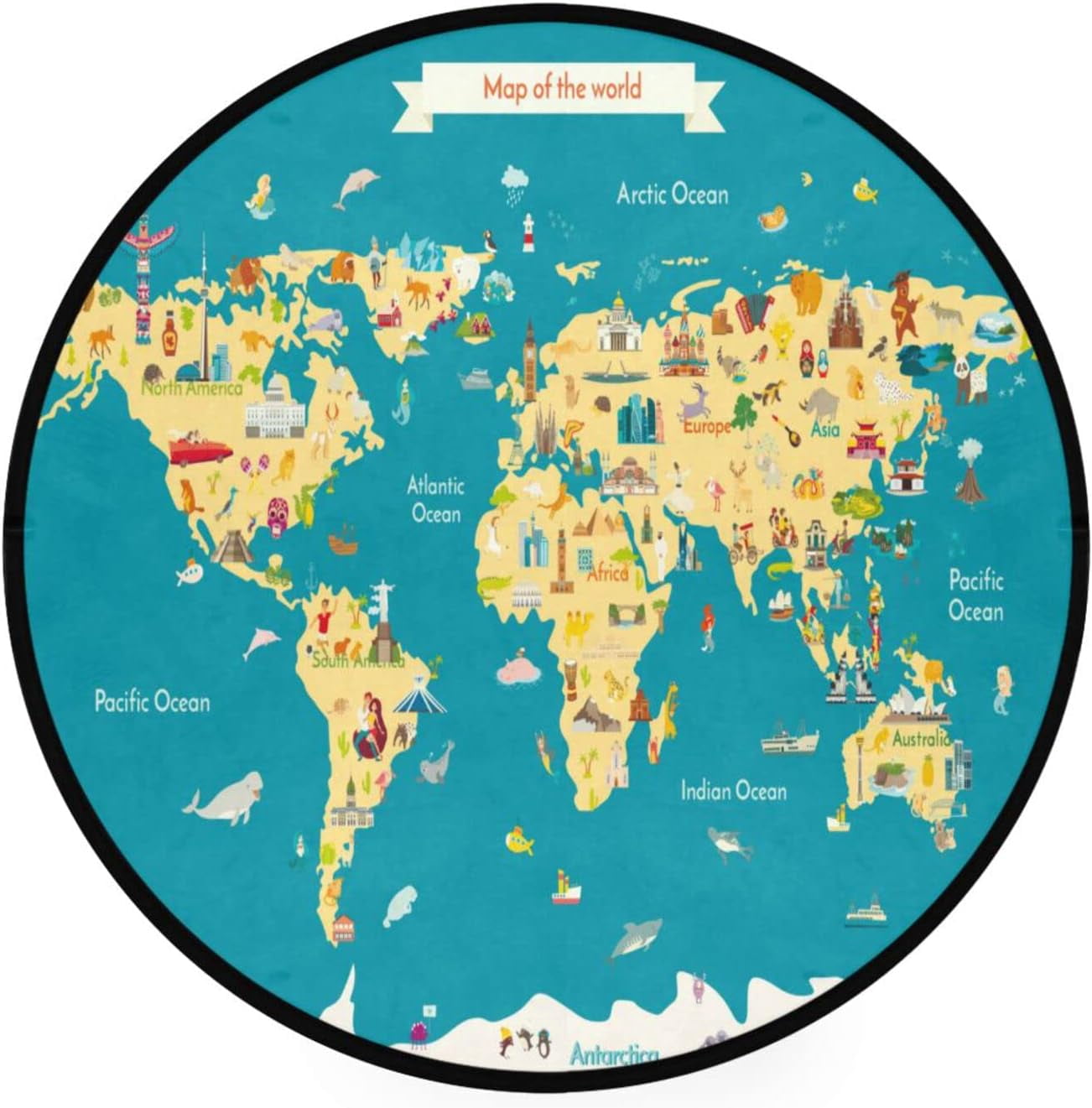 SKYSONIC World Map with LandmarksRound Area Rug Chair Couch Cover Area ...