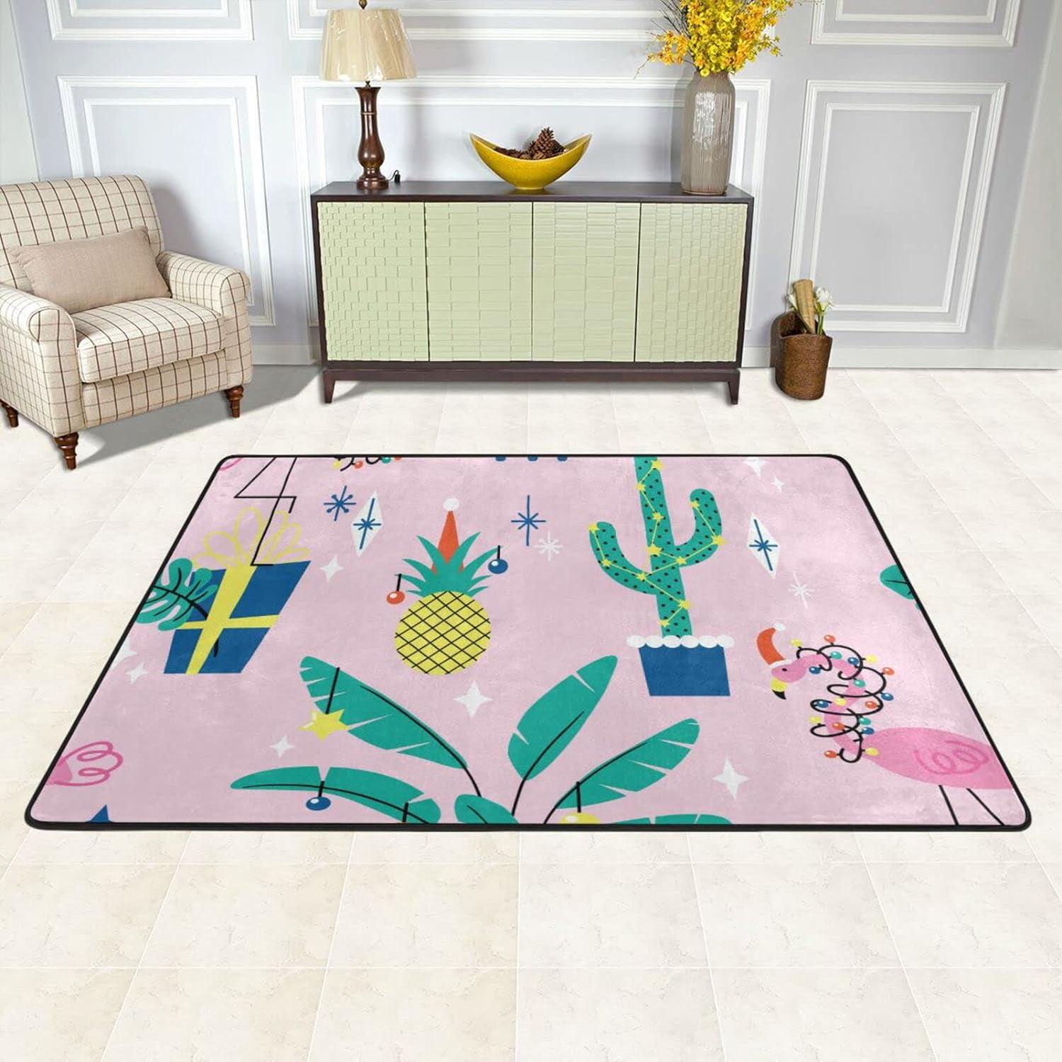 SKYSONIC Xmas Flamingos Plants Non-Slip Area Rug, Christmas Tropical ...