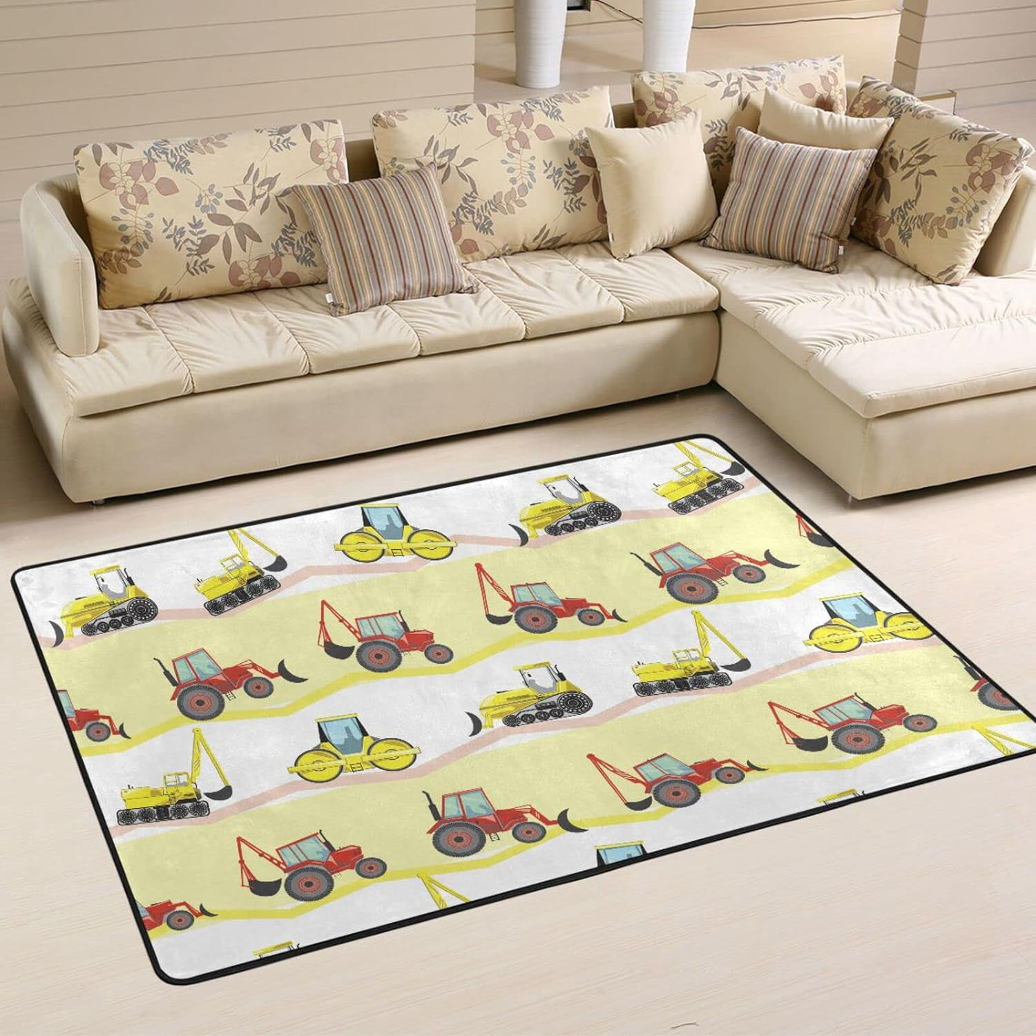 SKYSONIC Yellow Red Tractors Area Rug 72x48in Cartoon Toys Pattern Non ...