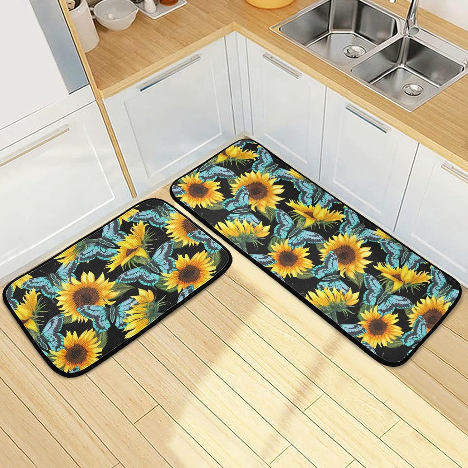 SKYSONIC Yellow Sunflower Kitchen Rugs Set of 2, Butterfly Floor Runner ...