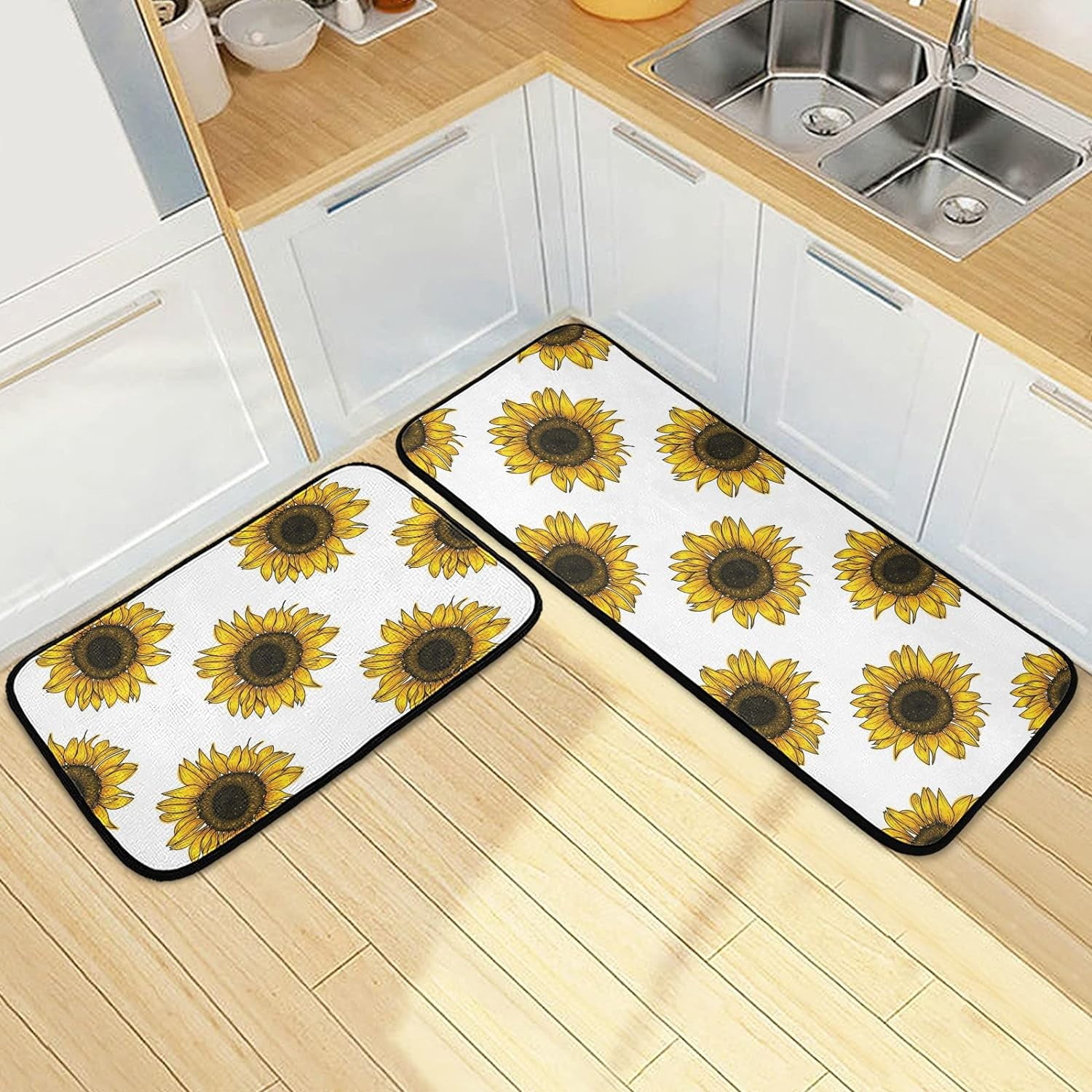 SKYSONIC Yellow Sunflower Summer Kitchen Rugs Set of 2, Wild Floral ...