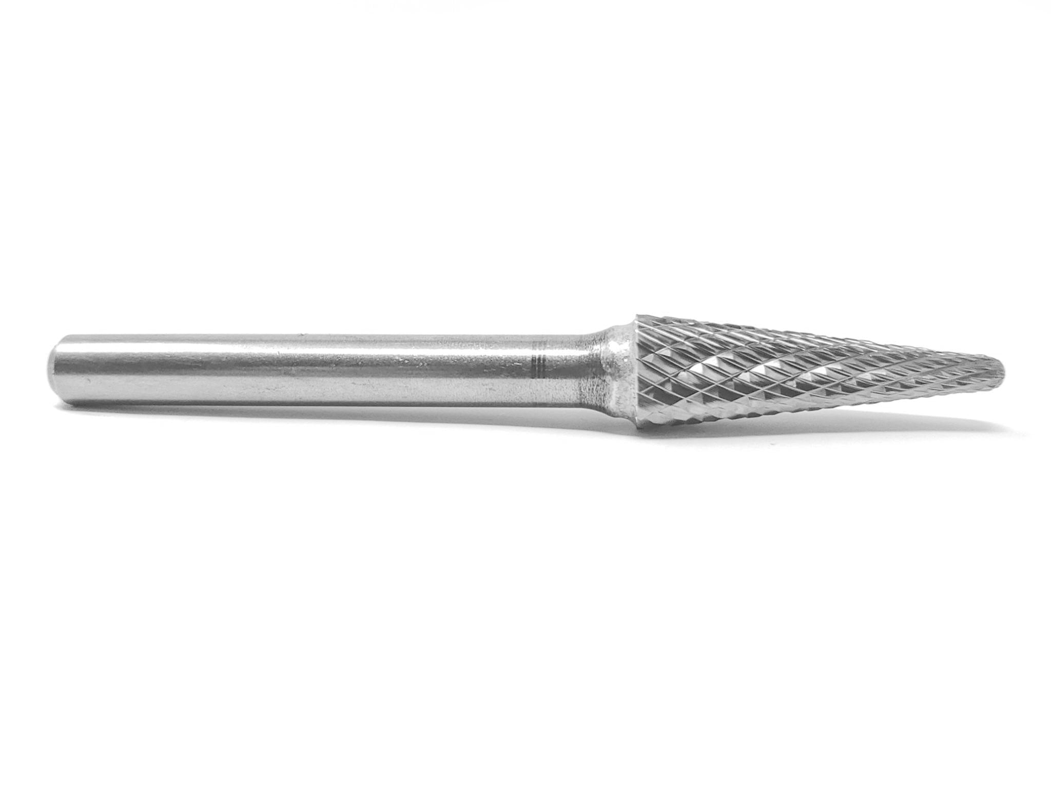 HELONGCO SL-3 Double Cut 14 Degree Taper Radius End 3/8" x 1 1/16" Carbide Burr Bit, 1/4" Shank ...