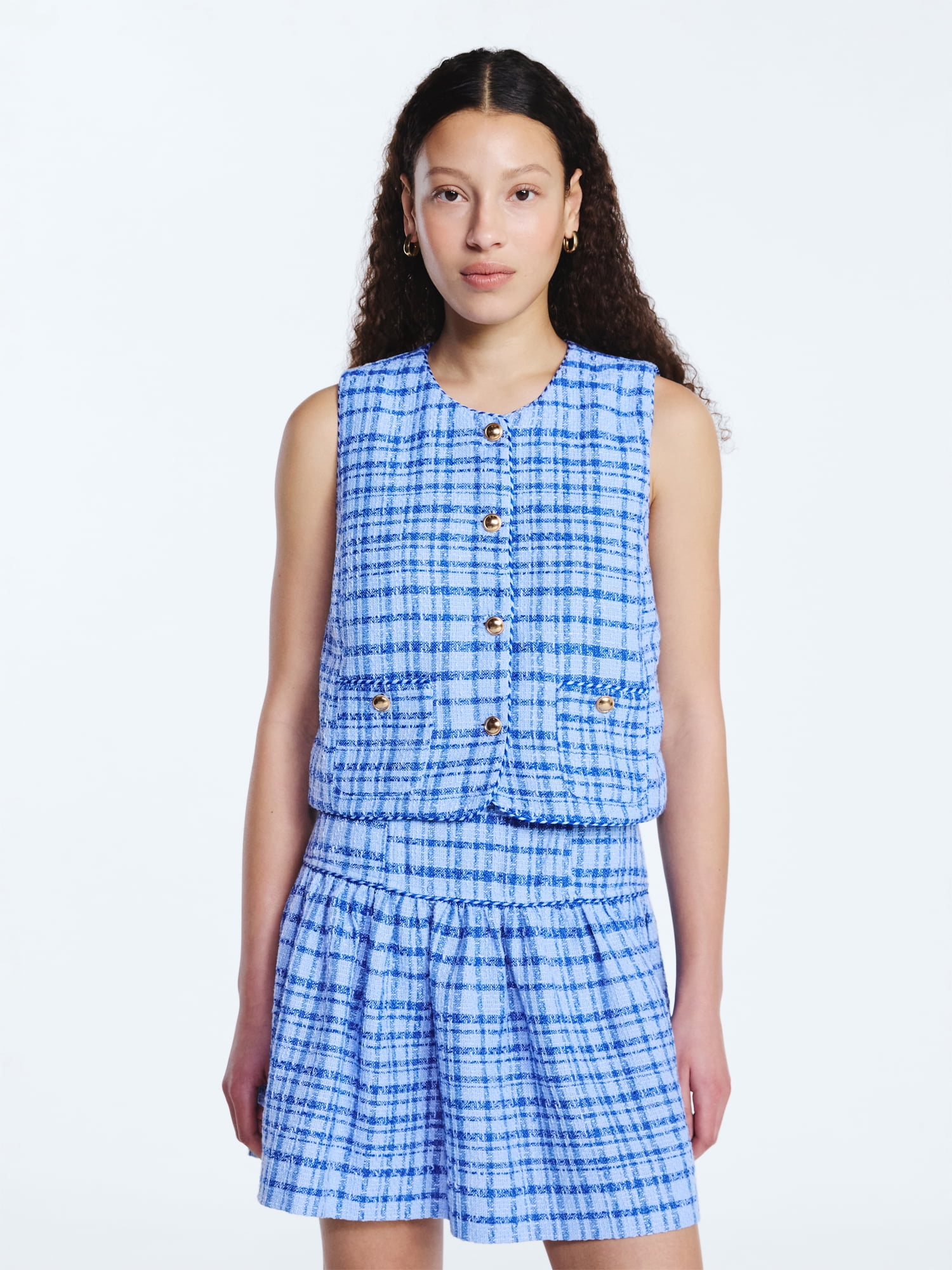 Free Assembly Women's and Women's Plus Sleeveless Button Front Tweed ...