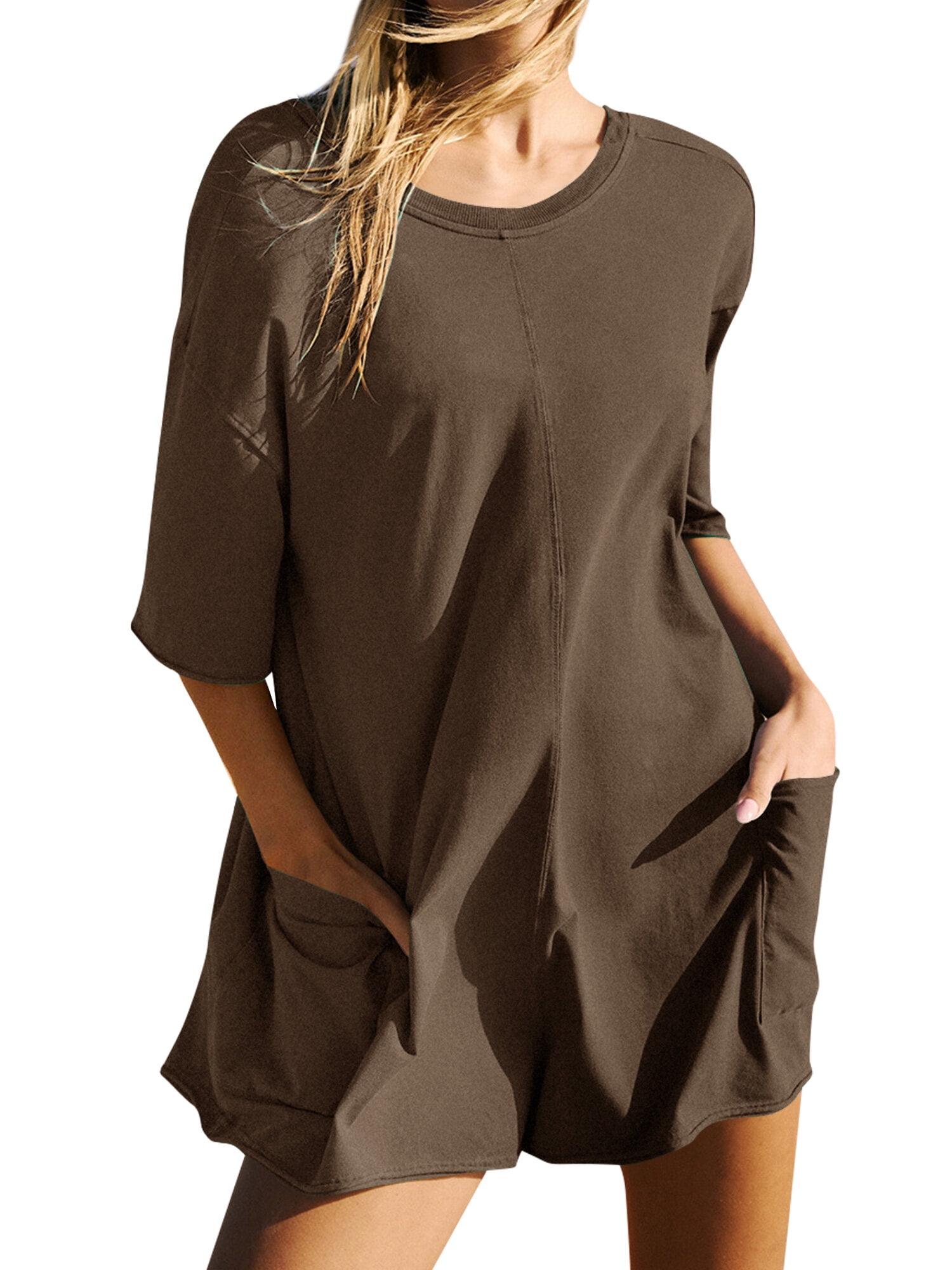 SLADYGLO Women Crew Neck Half Sleeve Front Pockets Open V Back Rompers ...