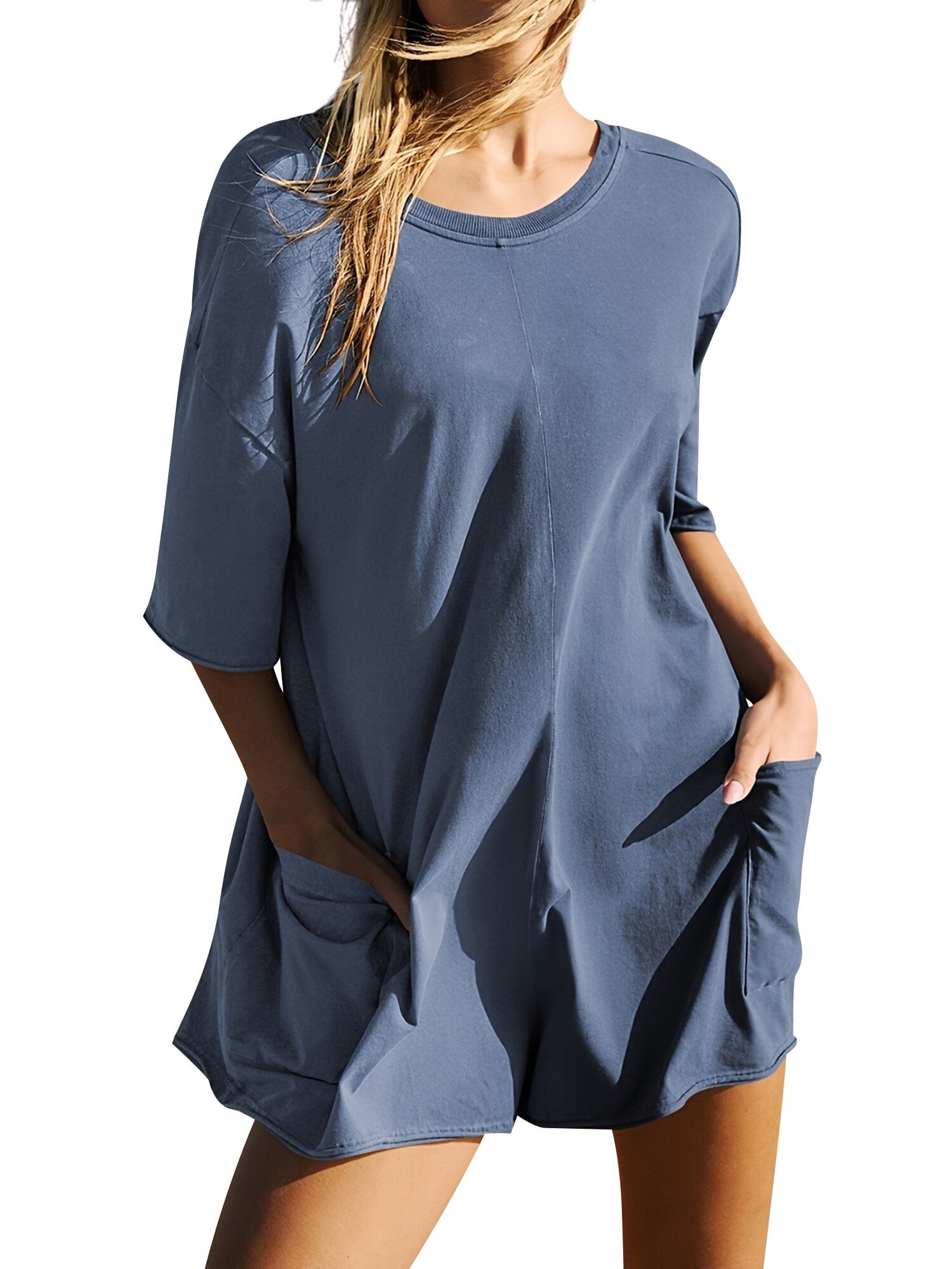SLADYGLO Women Crew Neck Half Sleeve Multi Pockets V Back Rompers ...