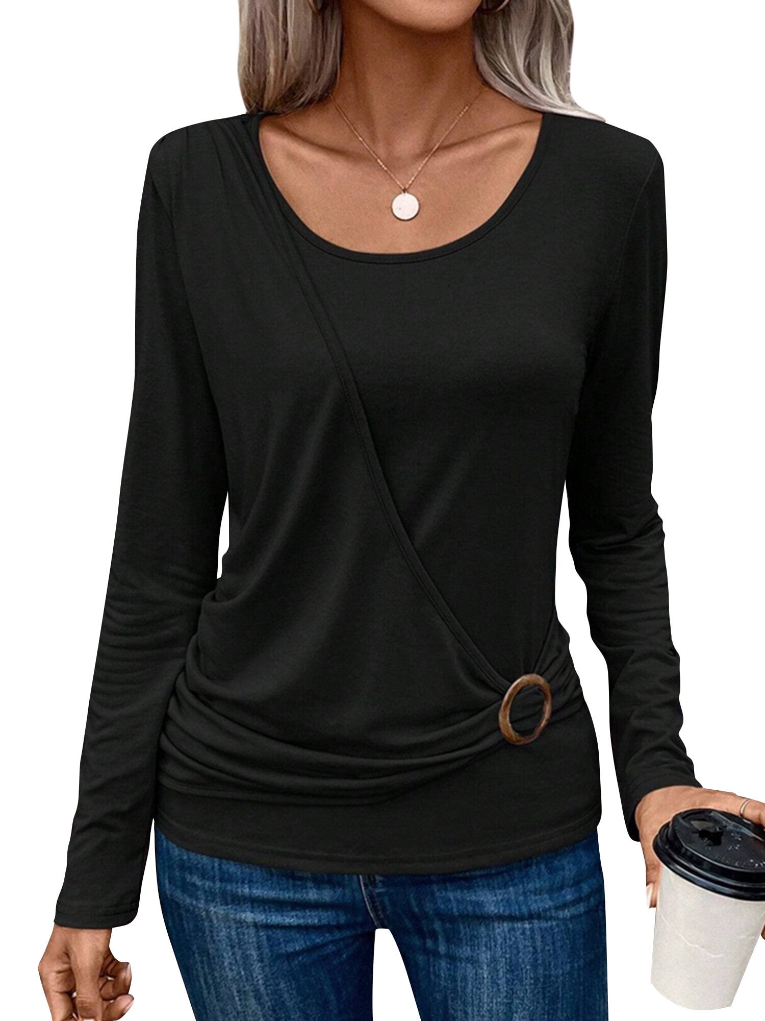 SLADYGLO Women Crew Neck Long Sleeve Buckle Pleat Waist Top - Walmart.com