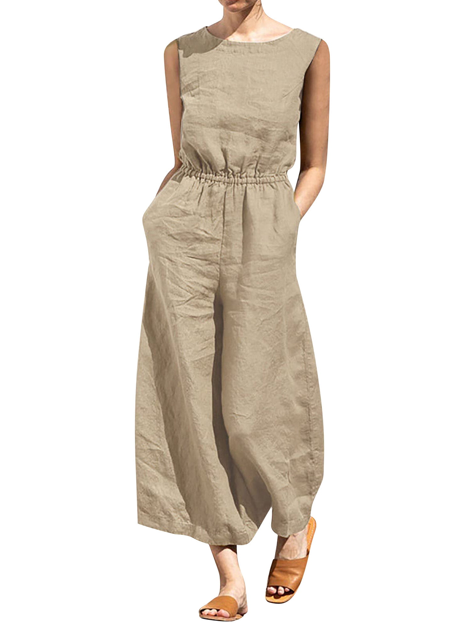 SLADYGLO Women Crew Neck Sleeveless Elastic Wsiat Back Buttons Wide Leg ...