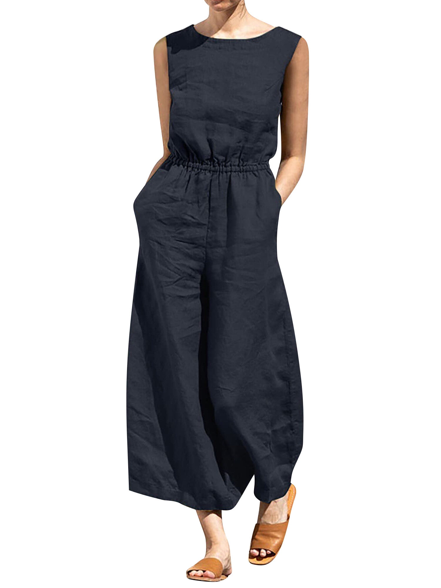 SLADYGLO Women Crew Neck Sleeveless Elastic Wsiat Back Buttons Wide Leg ...