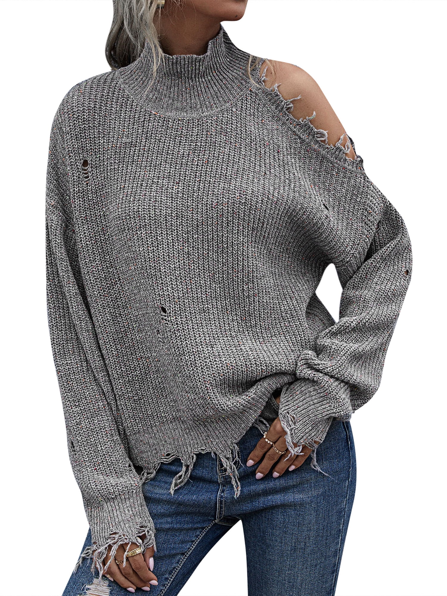 SLADYGLO Women High Neck Cold Shoulder Fringe Frayed Ripped Knit ...