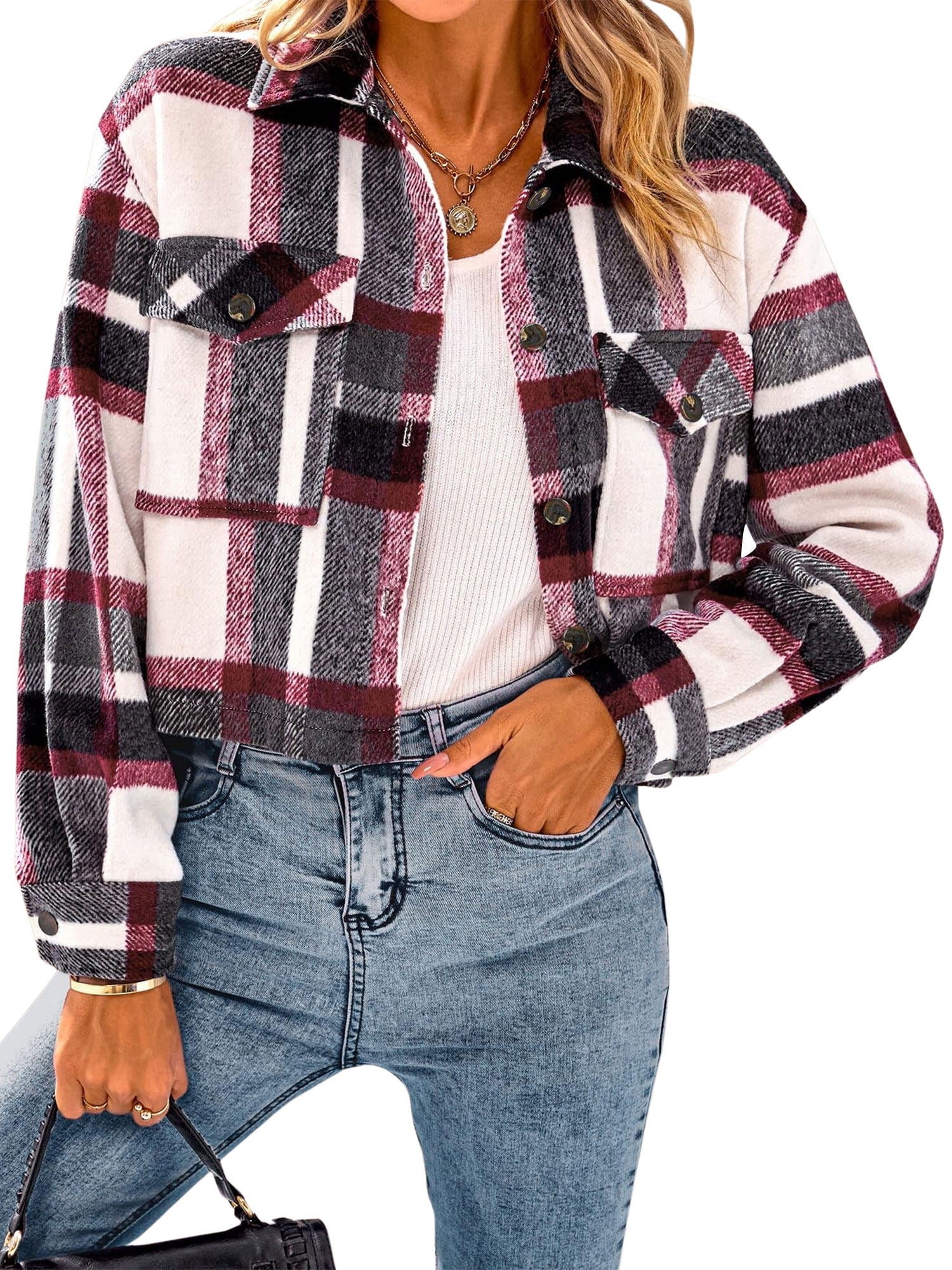SLADYGLO Women Plaid Lapel Collar Button Down Pockets Cropped Flannel ...