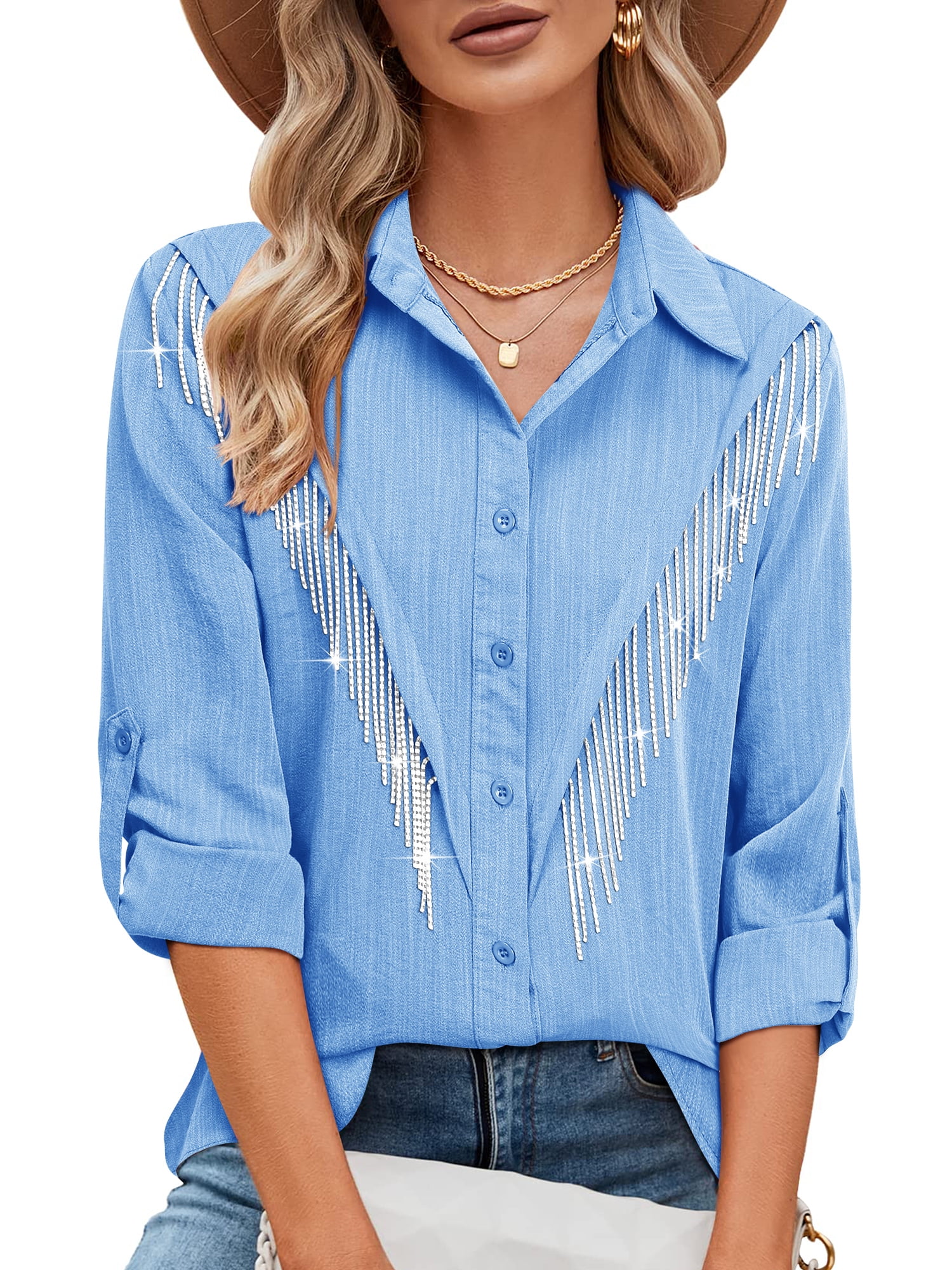 SLADYGLO Women Sparkly Rhinestone Fringe Shirt Glitter Tassel Lapel ...