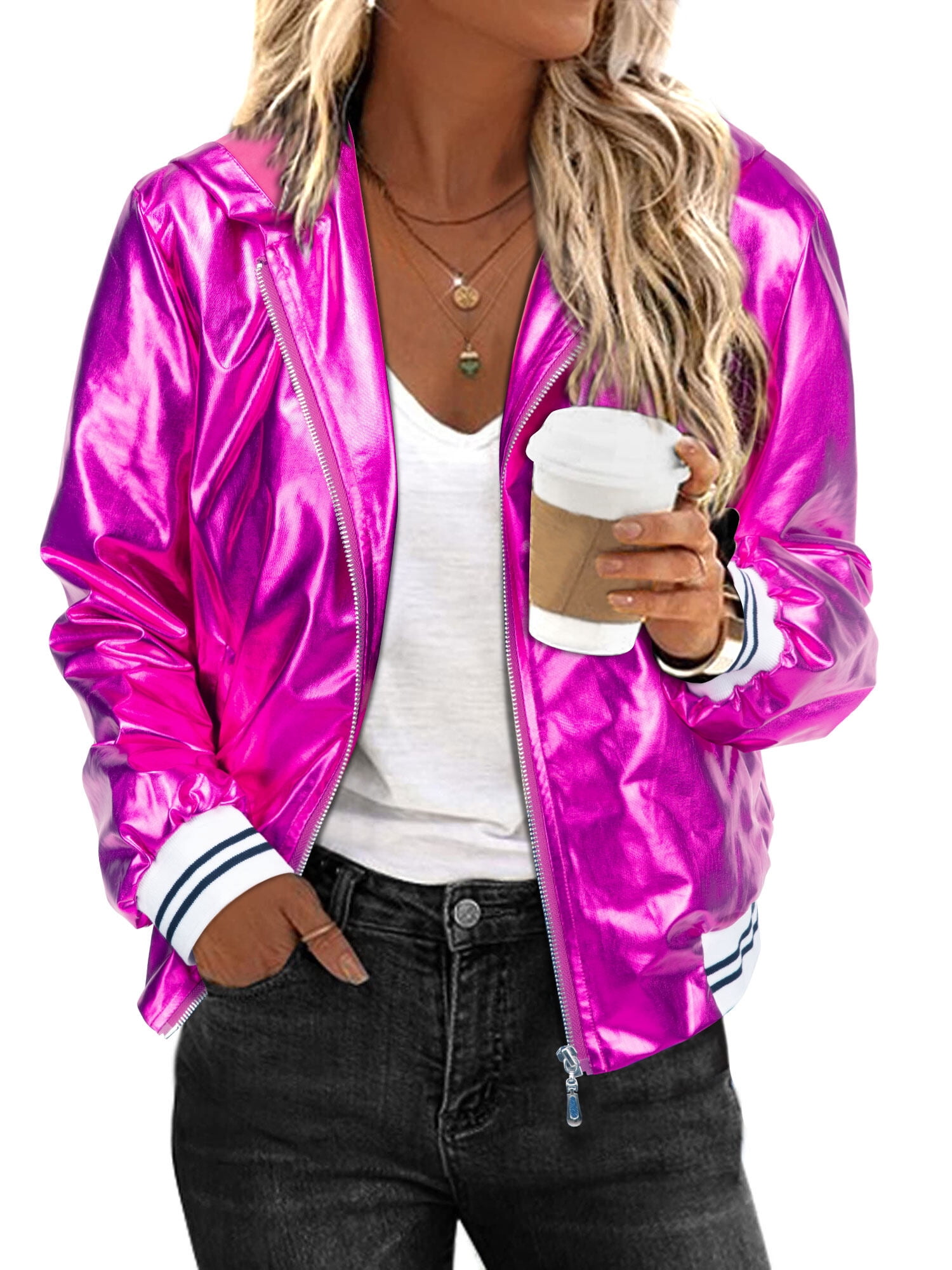SLADYGLO Women Striped Sparkle Metallic Zip Up Long Sleeve Hooded ...