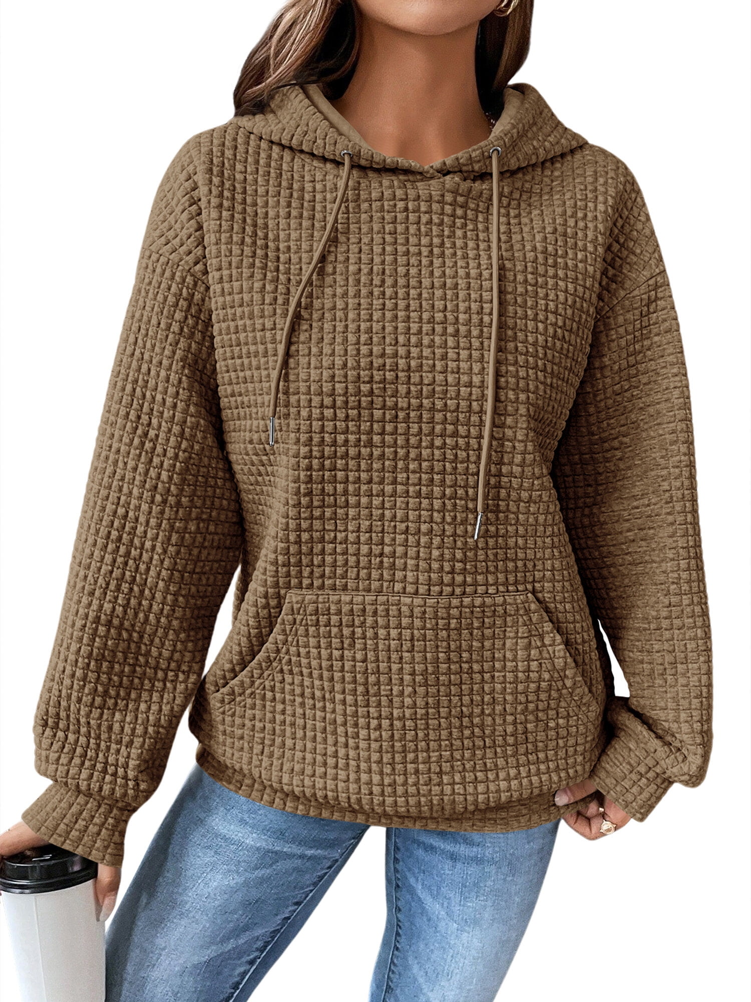 SLADYGLO Women Waffle Long Sleeve Drawstring Hoodie With Pocket ...