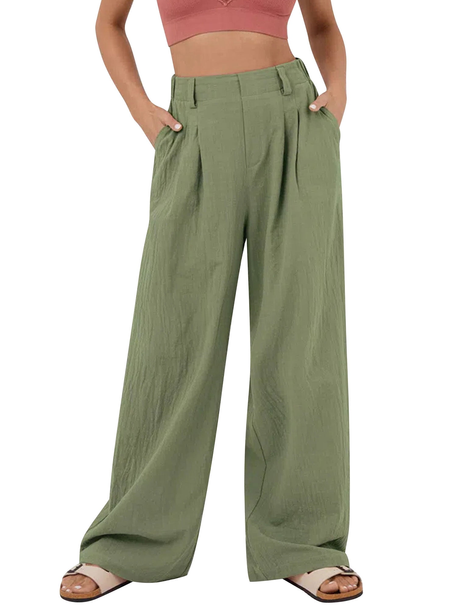 SLADYGLO Women Zipper Front Elastic Waist Side Pockets Wide Leg Pants ...