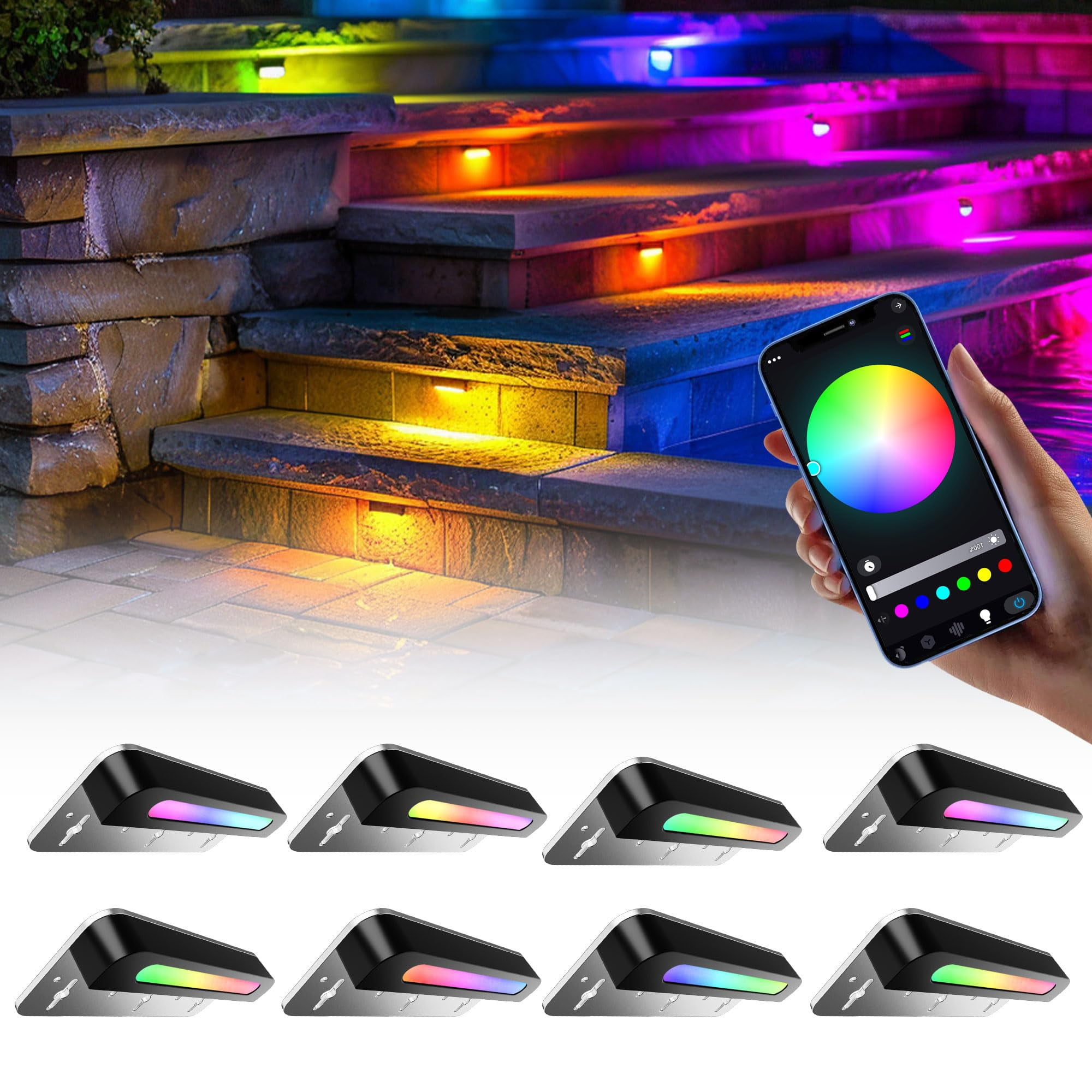 SLARY 8 Pack 7 inch RGB LED Hardscape Lighting Step Lights Retaining ...