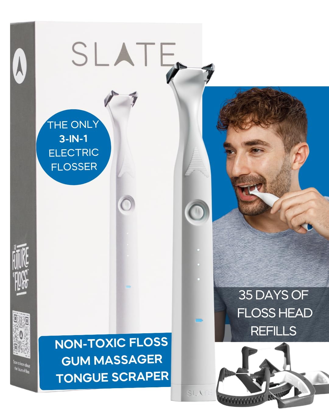 SLATE Electric Flosser | 3-in-1 Power Flosser w/Tongue Cleaner, Gum ...