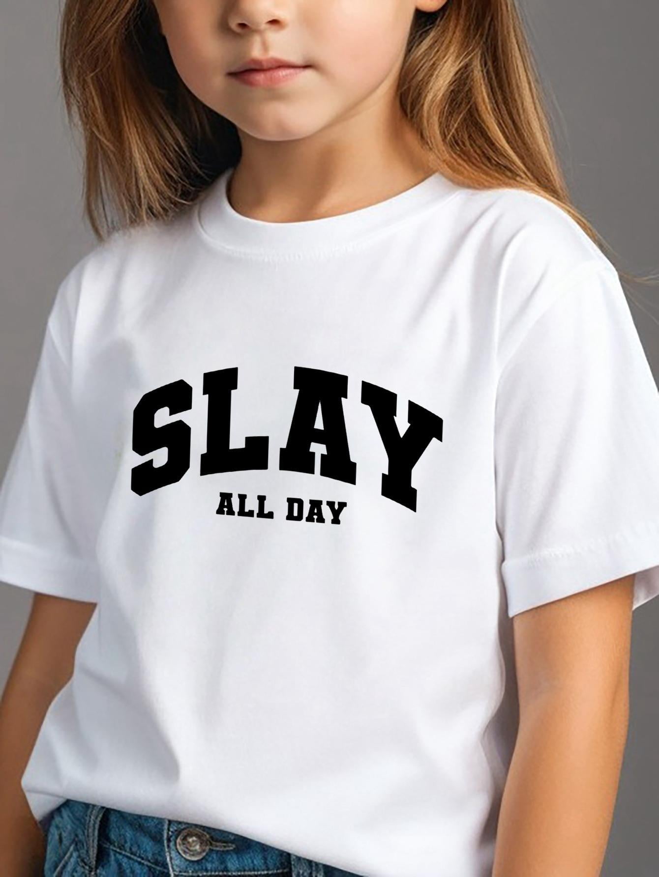 SLAY ALL DAY" Girls' Pink Cotton Tee - Soft & Comfy Casual Round Neck ...