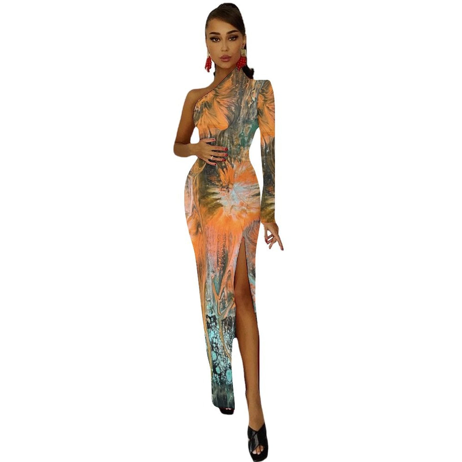 SLB Designs abstract orange flowers Half Dleeve Split Dress Long dress woman Women"s summer long ...