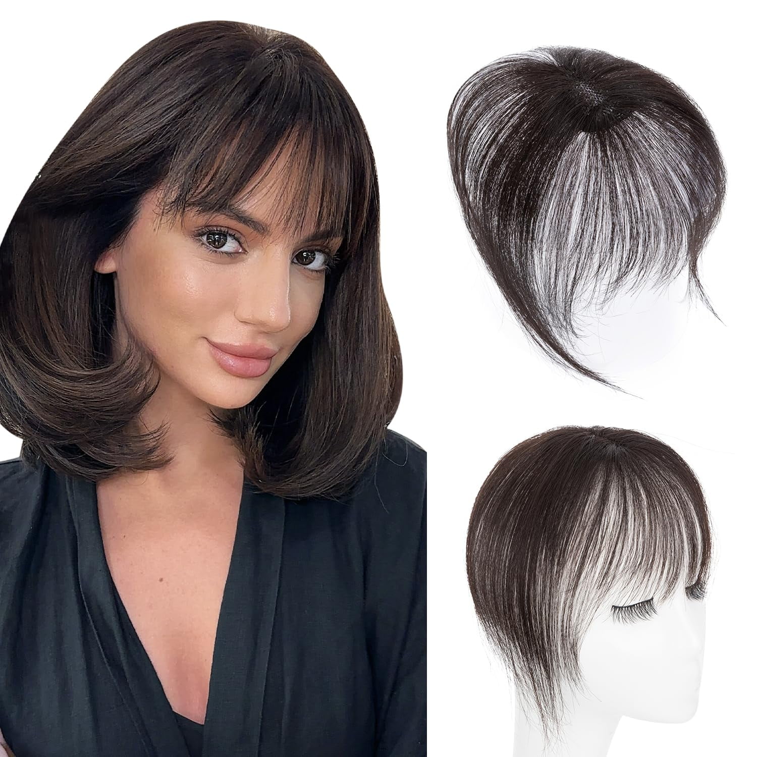 SLEEKALON Clip in Bang Human Hair Topper with Wispy Air Bangs Hair Clip ...