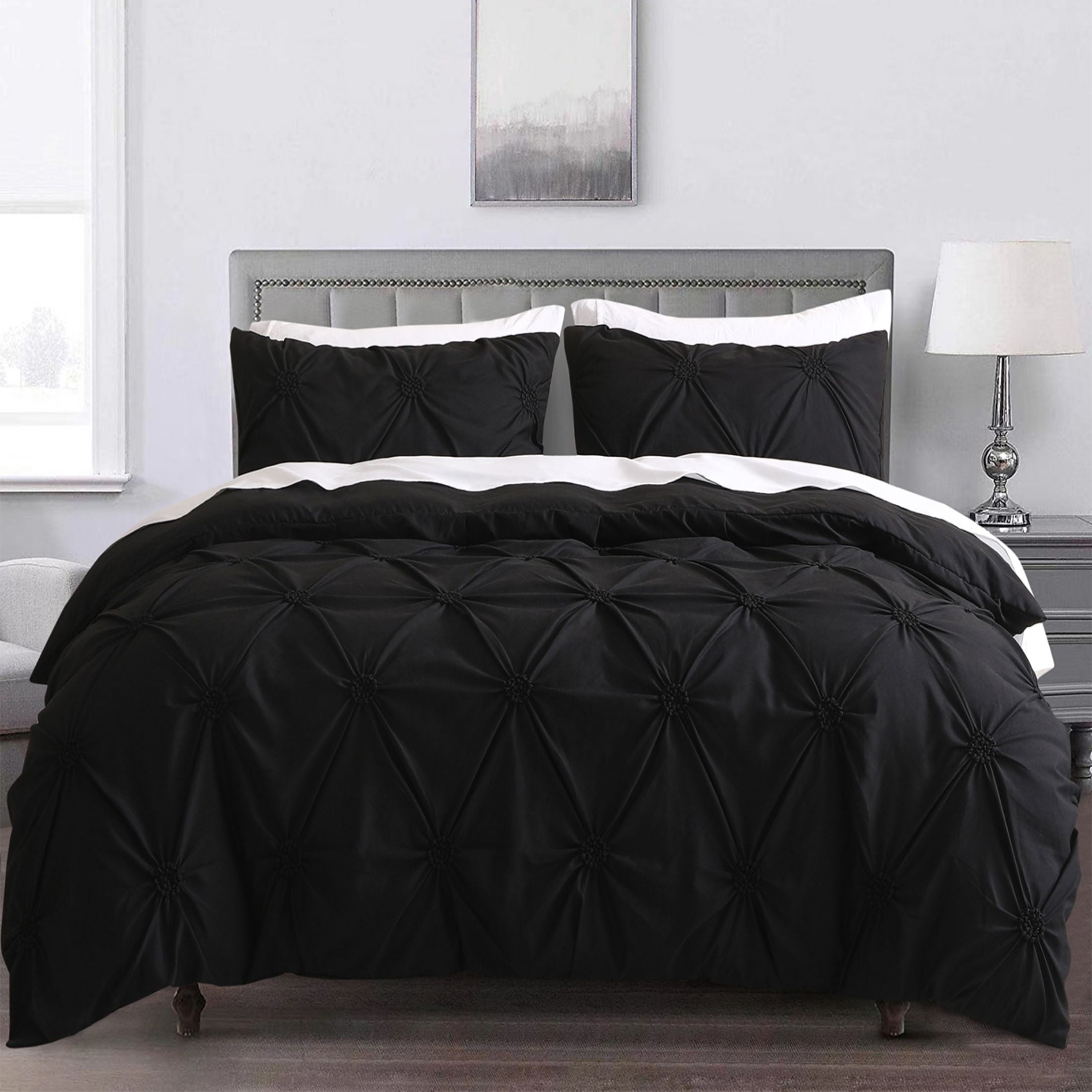 Sleepbella 3pcs Black King Comforter Set, Ruched Pintuck Design, Soft ...