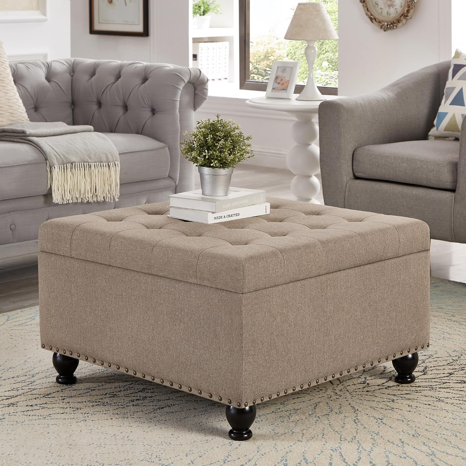 SLEERWAY Linen Large Ottoman with Storage, Oversized Square Ottoman ...