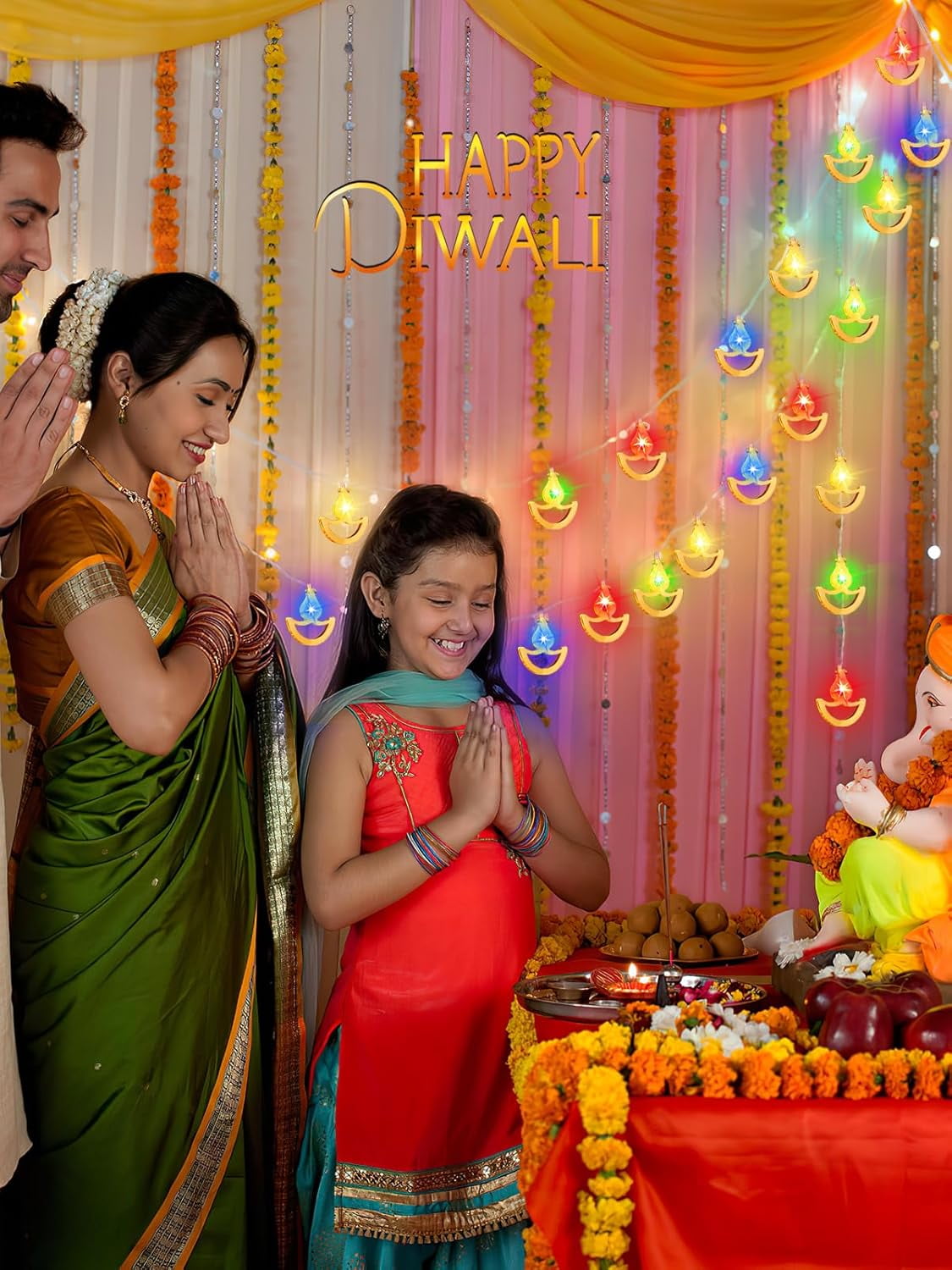 FGERFE-9.8ft Diwali String Lights 20 LED Diya Lights, Gold Flame Shaped ...