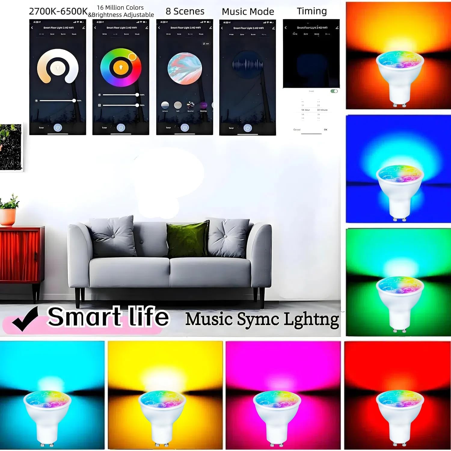 FGERFE-Smart Gu10 LED Bulbs Dimmable Color Changing,Gu10 RGB Bulb, WiFi ...
