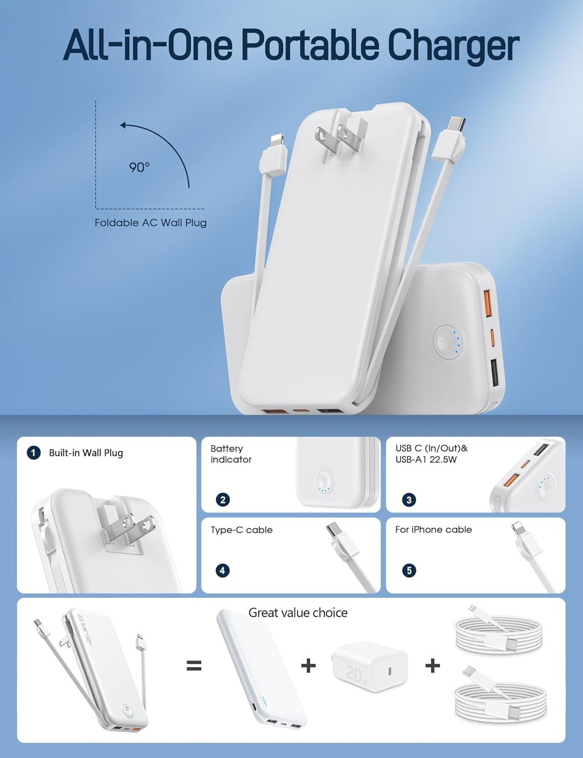 SLFG-Portable Charger with Built in Cable and AC Wall Plug, USB C Power ...