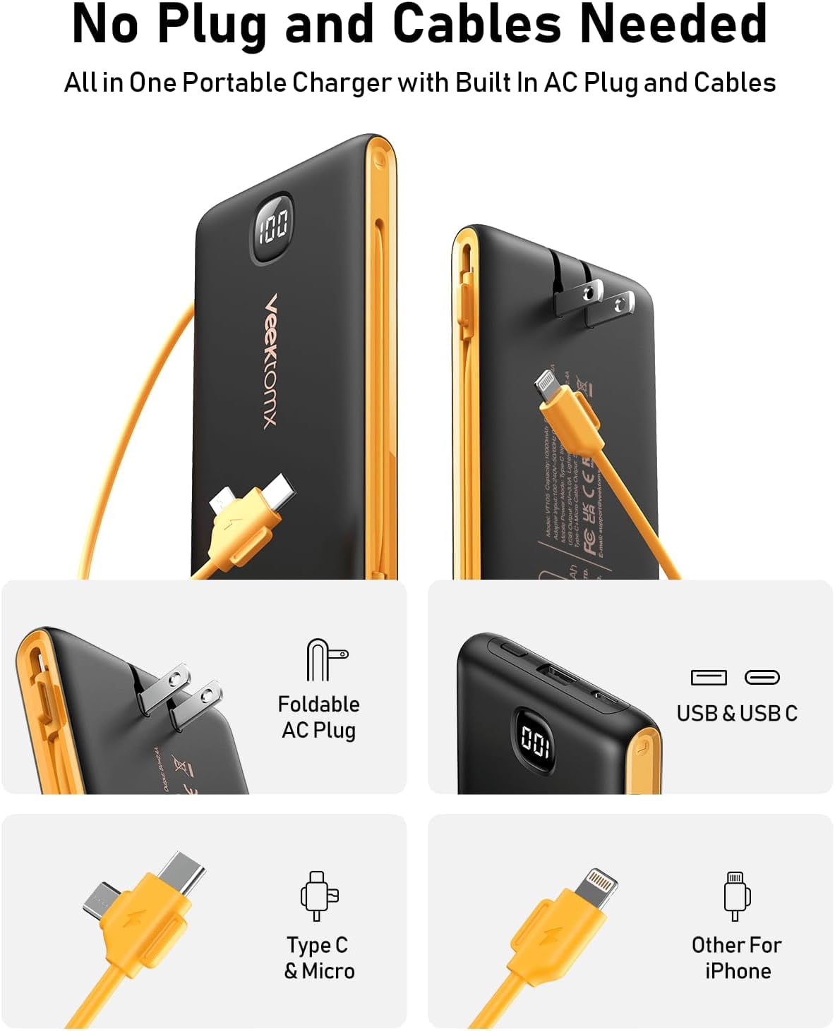 SLFG-Portable Charger Power Bank Built in Cables and Wall Plug ...