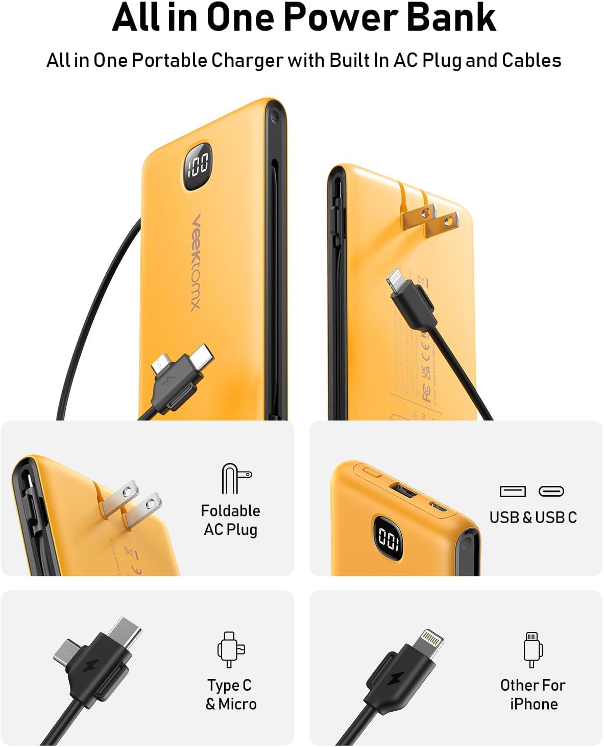 SLFG-Portable Charger Power Bank Built in Cables and Wall Plug ...