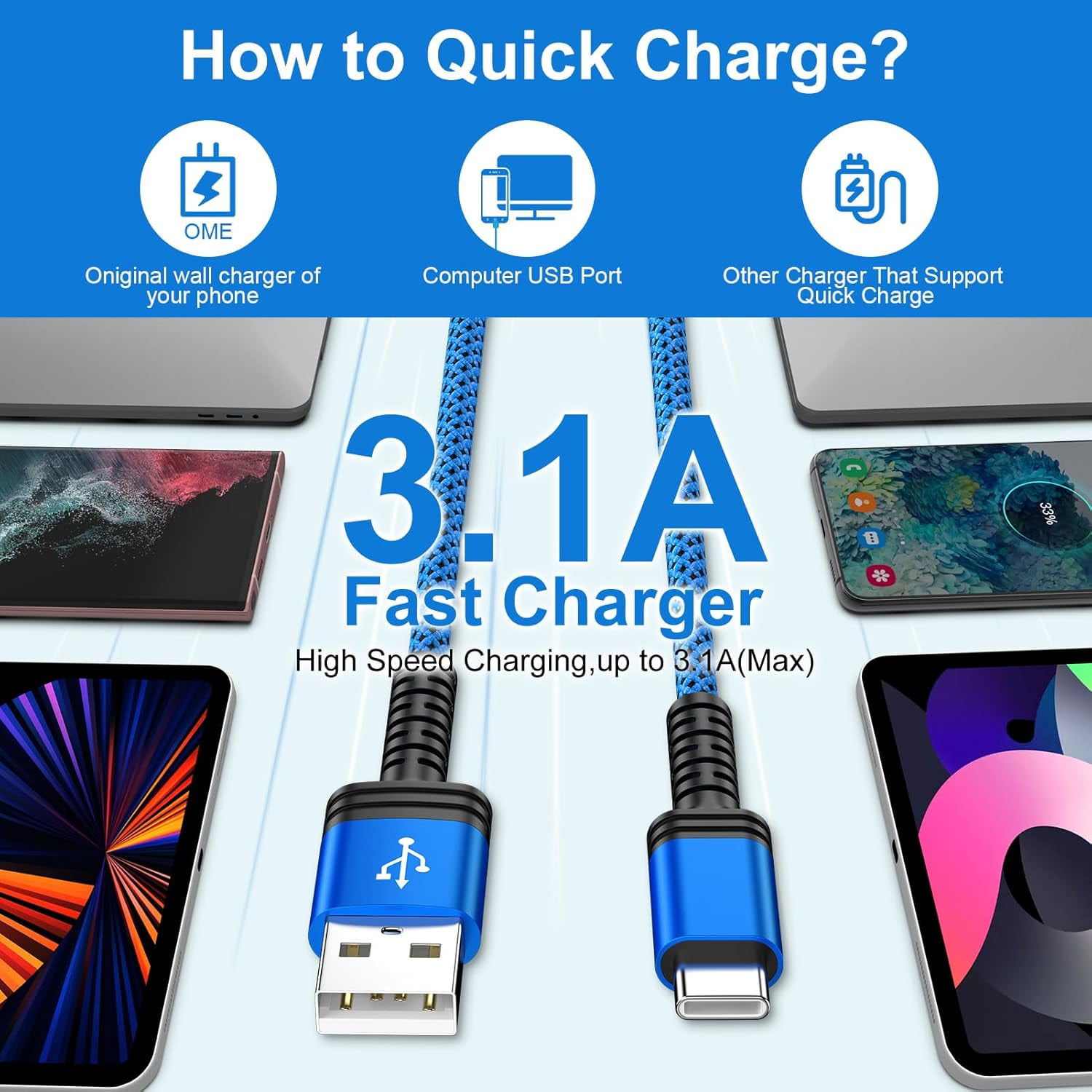 SLFG-S25 Edge Charger Cable 10FT Long Phone Charger Fast Charging Cord ...