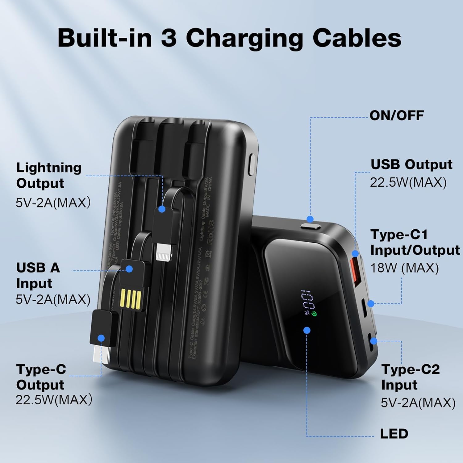 SLFR-10000mAh Portable Charger with Built-in Cable, PD 22.5W Fast ...