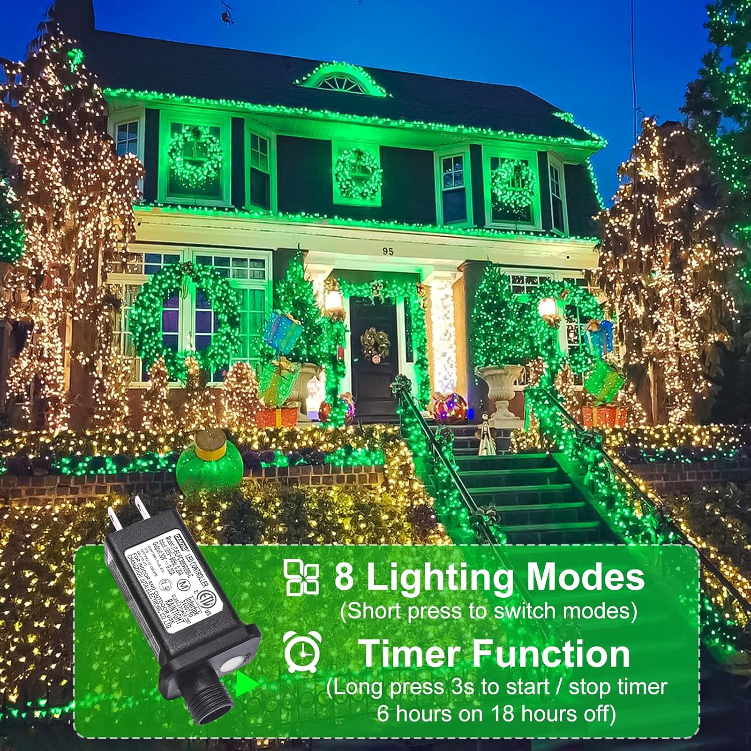 SLFR-100FT 300 LED Christmas Lights Outdoor, Green Christmas String ...