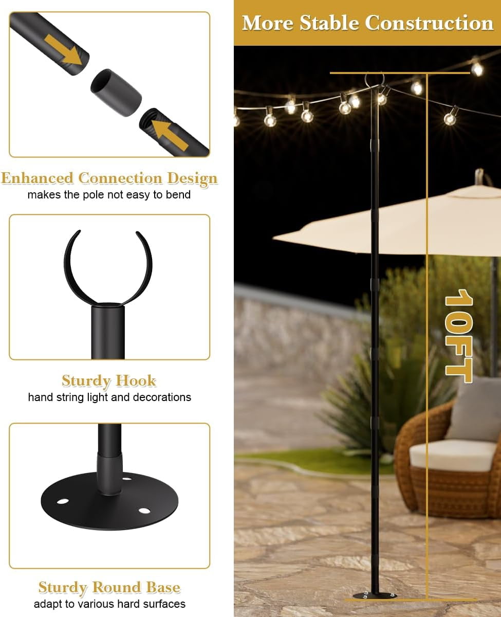 SLFR-10Ft String Light Poles for Hard Surfaces, Outdoor Light Stand for ...