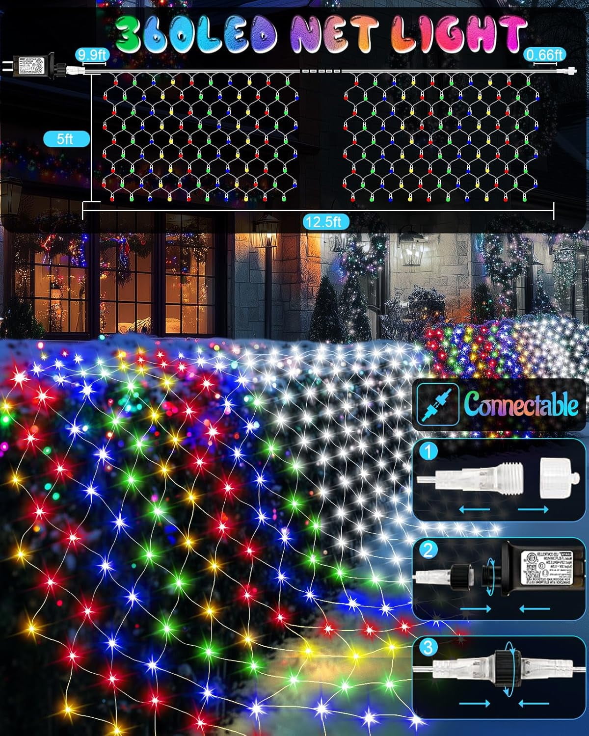 SLFR-12ft x 5ft Christmas Net Lights Outdoor, 360 LED Bush Mesh with ...