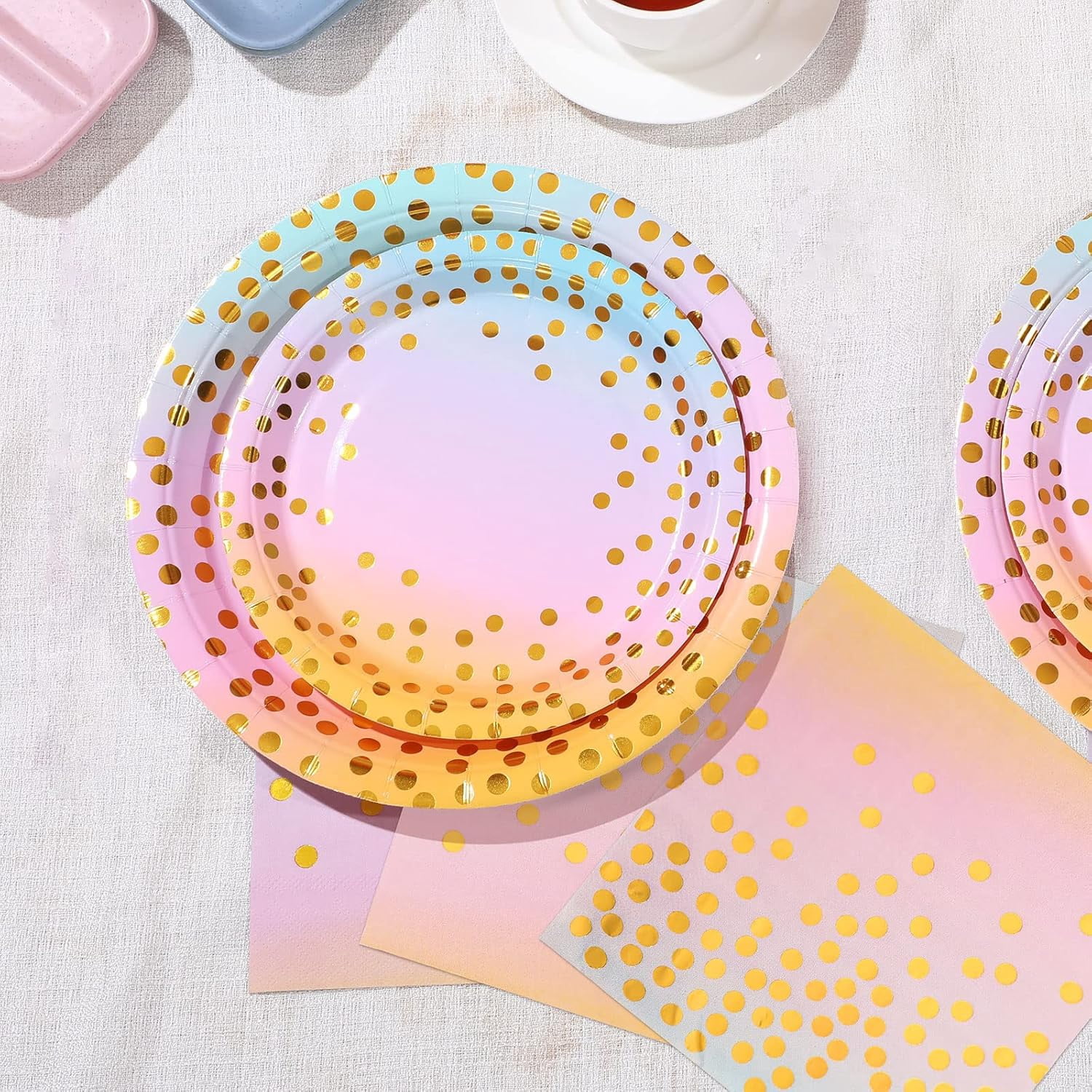 SLFR-150PCS Pastel Rainbow Plates and Napkins Party Supplies Golden Dot ...