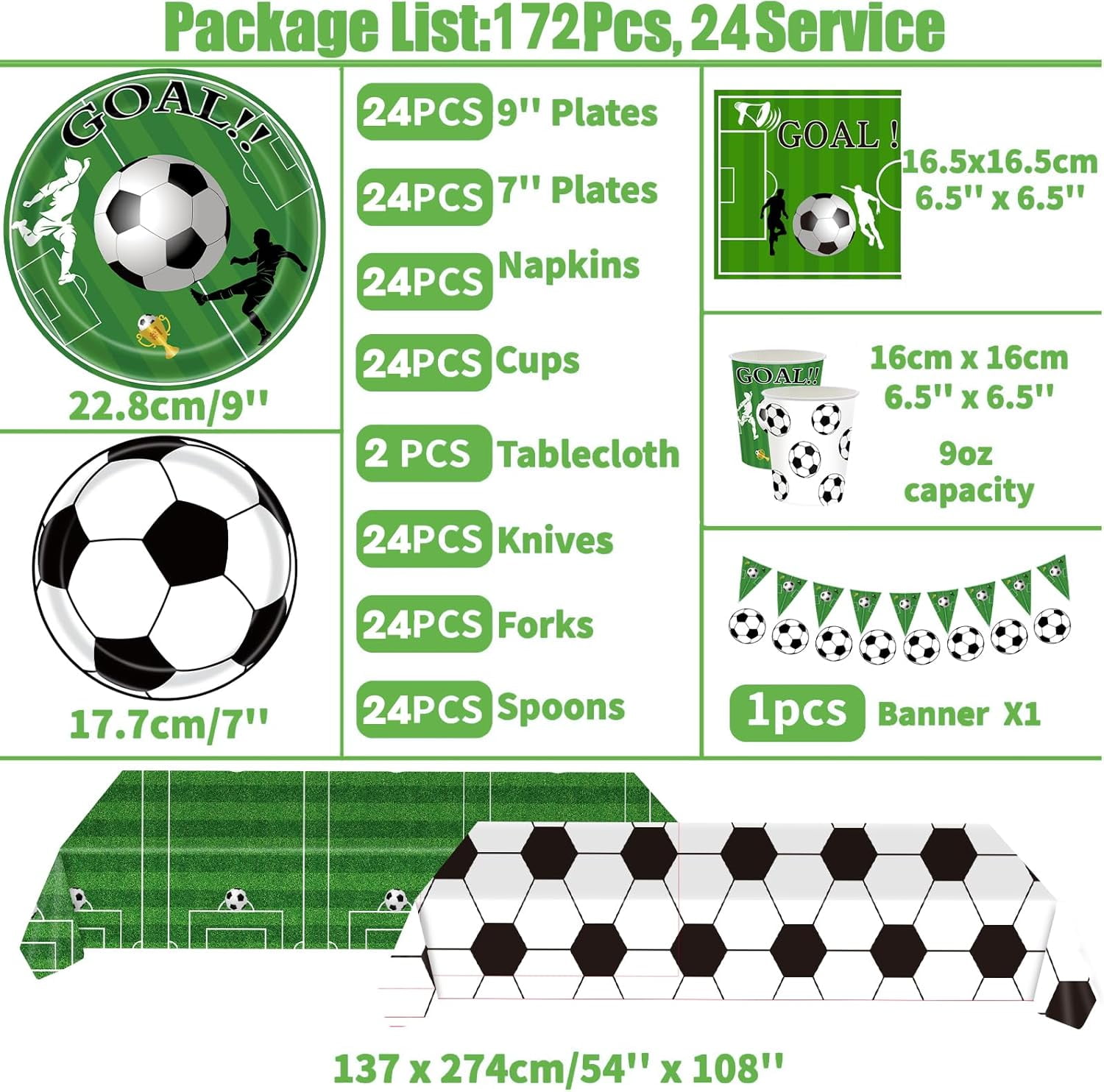 SLFR-172pcs Soccer Theme Party Supplies Set, Plates, Cups, Napkins ...