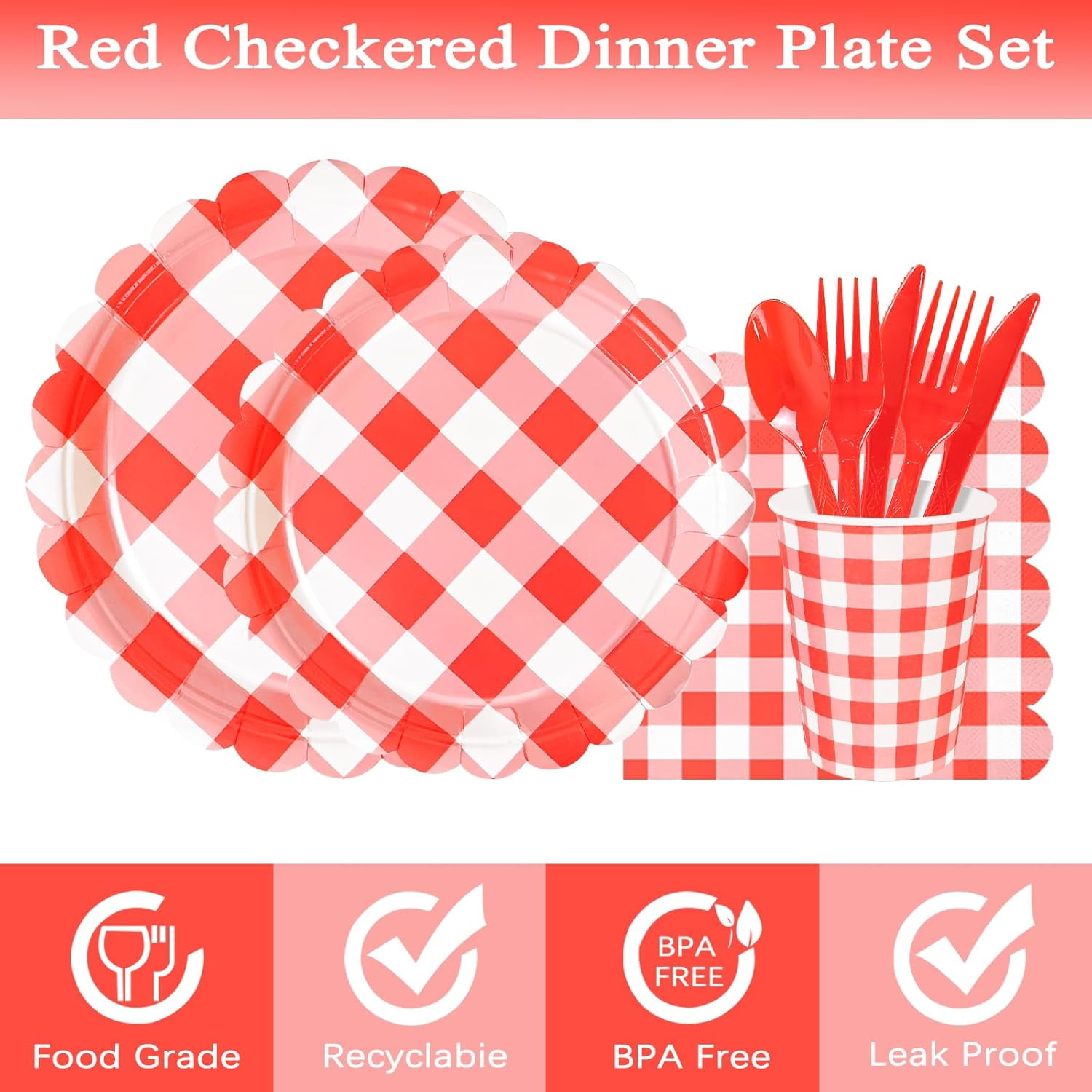 SLFR-175 Pcs Red Scalloped Gingham Party Supplies for 25 Guests, Red ...